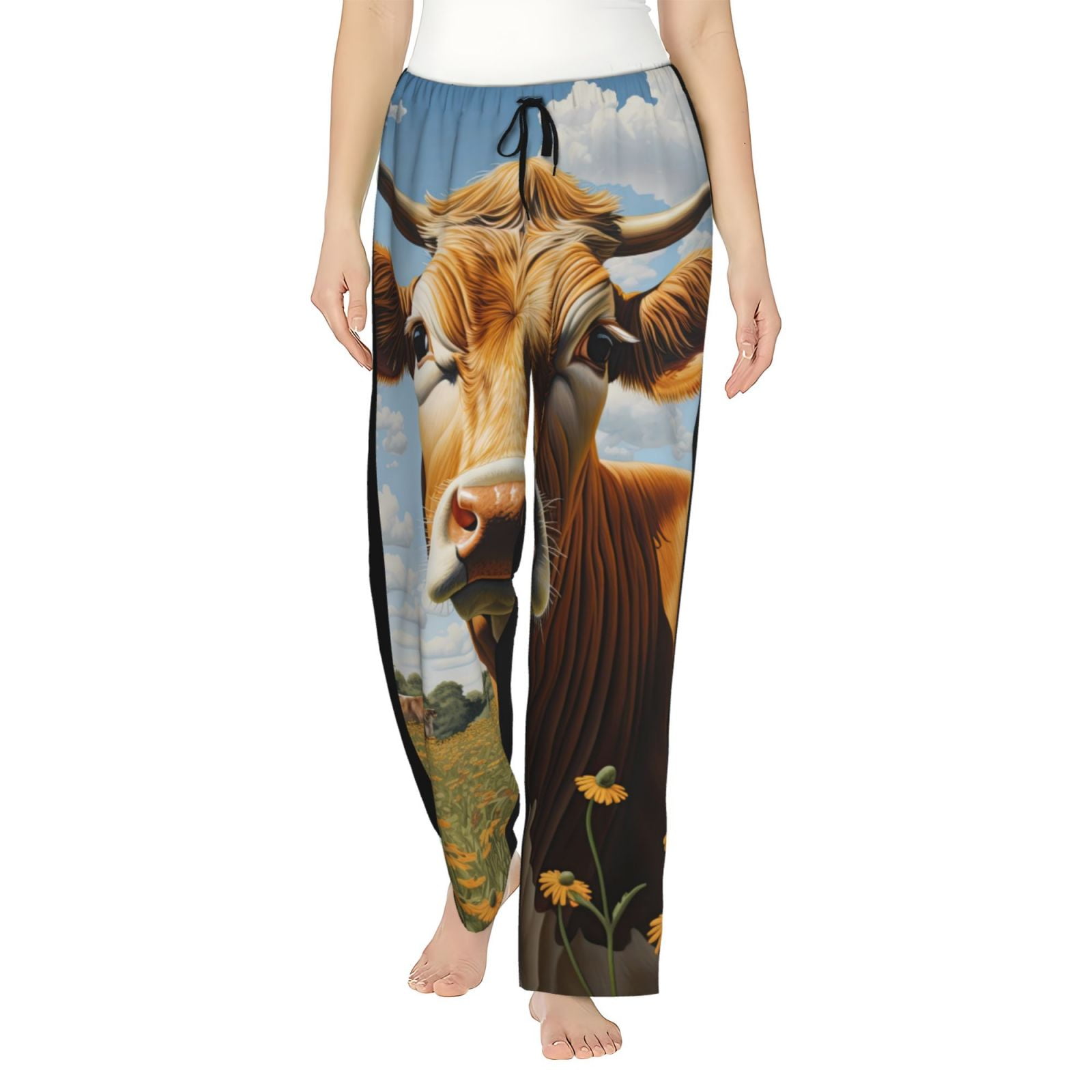 Bingfone Pajamas for Women,Daisy Flower Field Cow Pajama Pants with ...