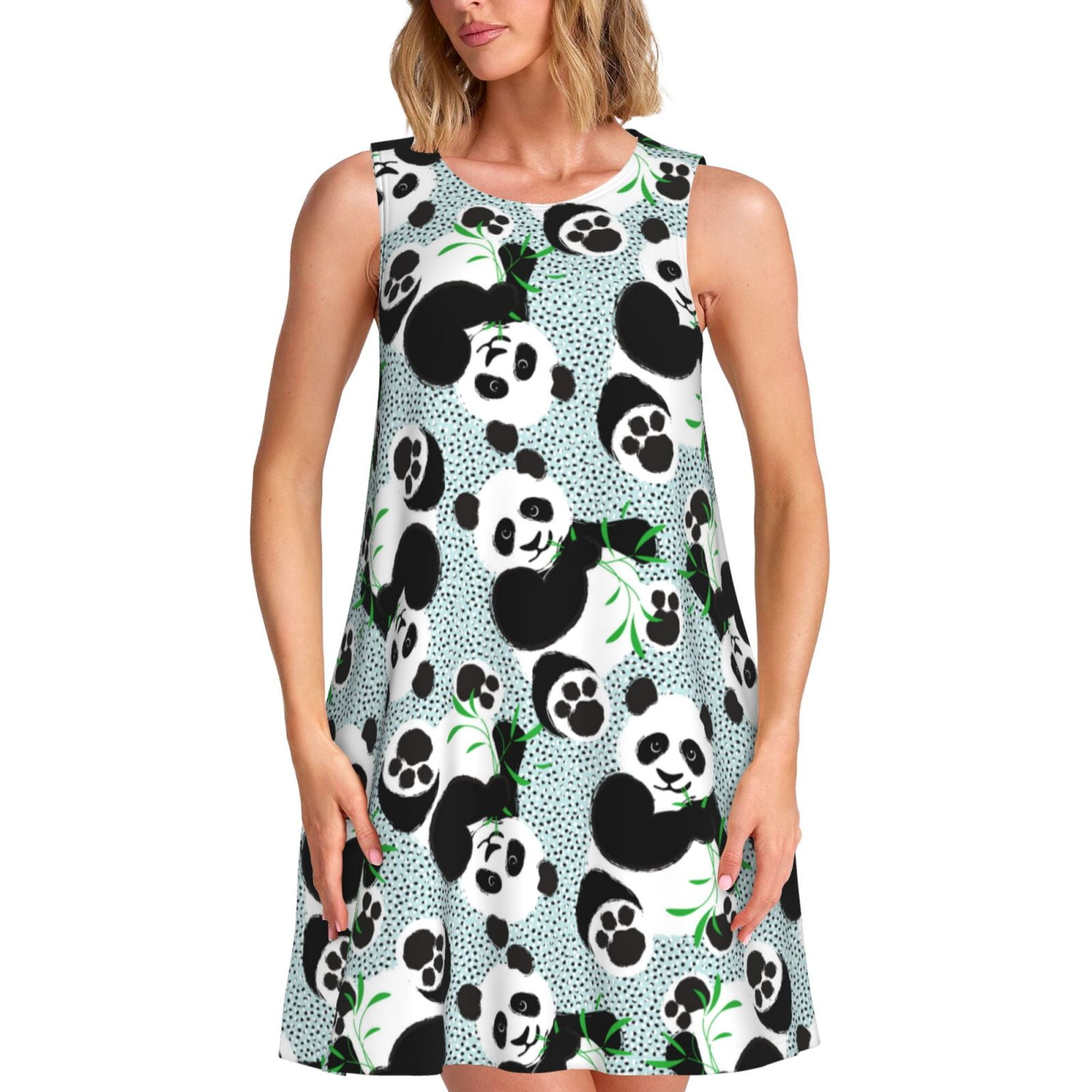 Bingfone Panda And Eucalyptus Print Women's Sleeveless Dress, Loose Fit ...