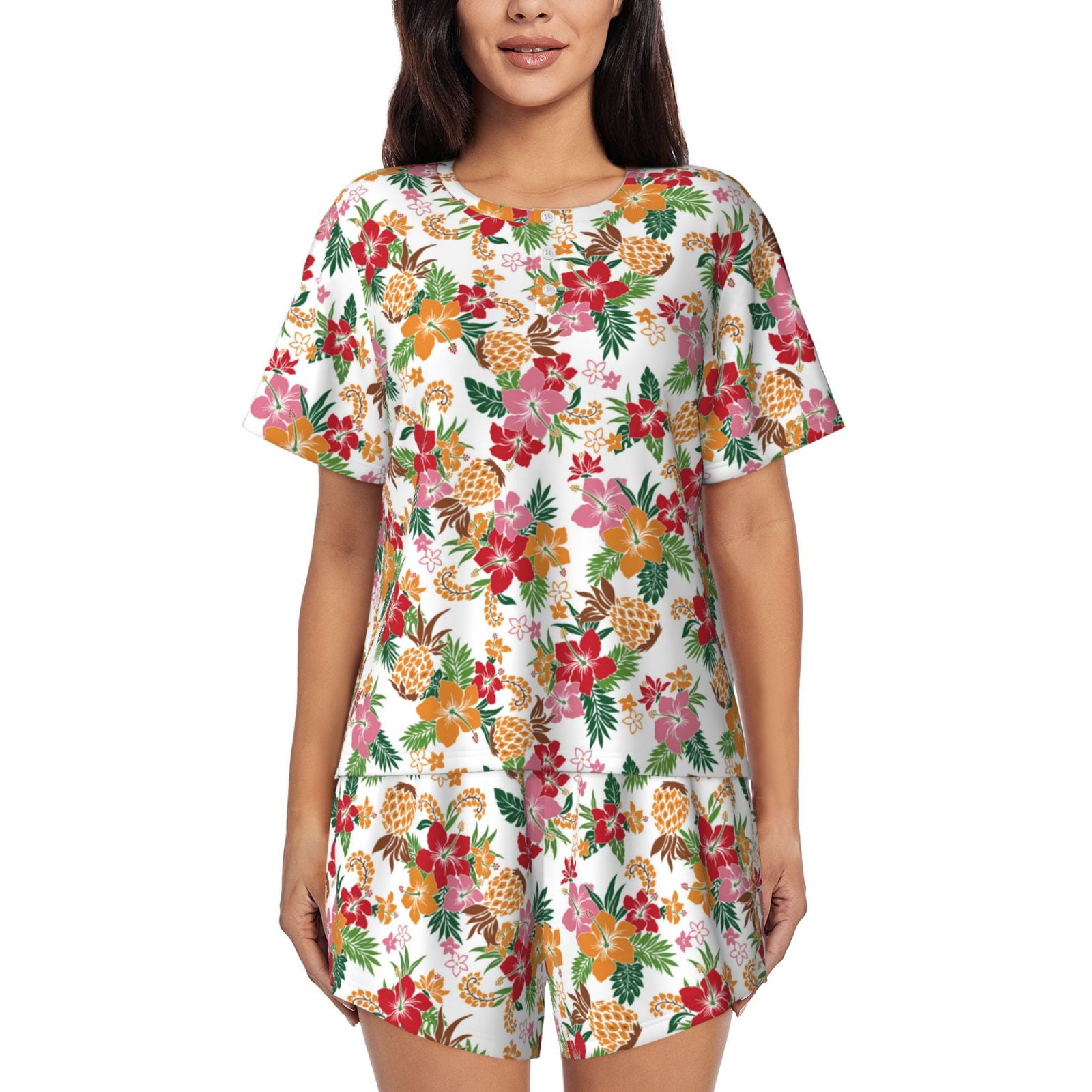Bingfone Pineapple Flower Print Pajamas Sets for Women Soft Short ...