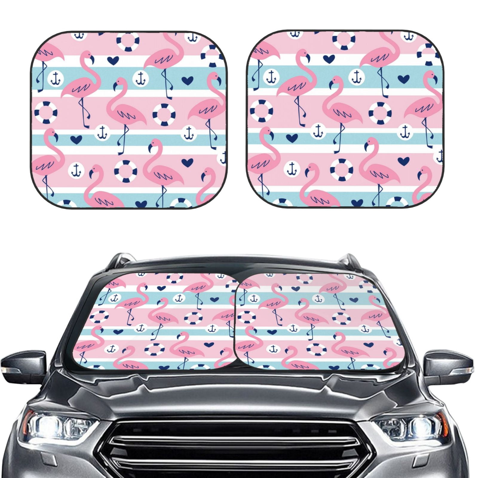 Bingfone Pink Striped Flamingo Print 2-Piece Sun Shade Front Windshield ...