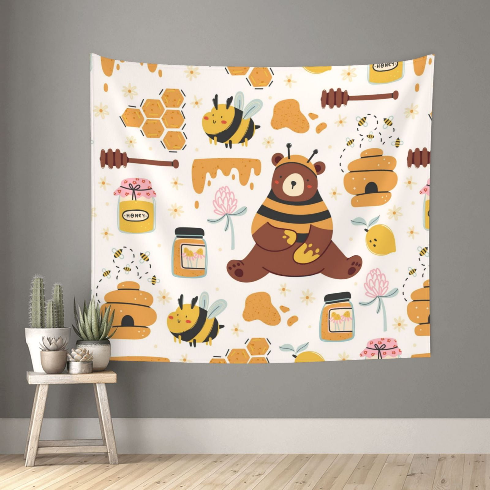 Bingfone Polyester Fabric Tapestry Cute Bee Honey Jar Hive Bear Wall ...