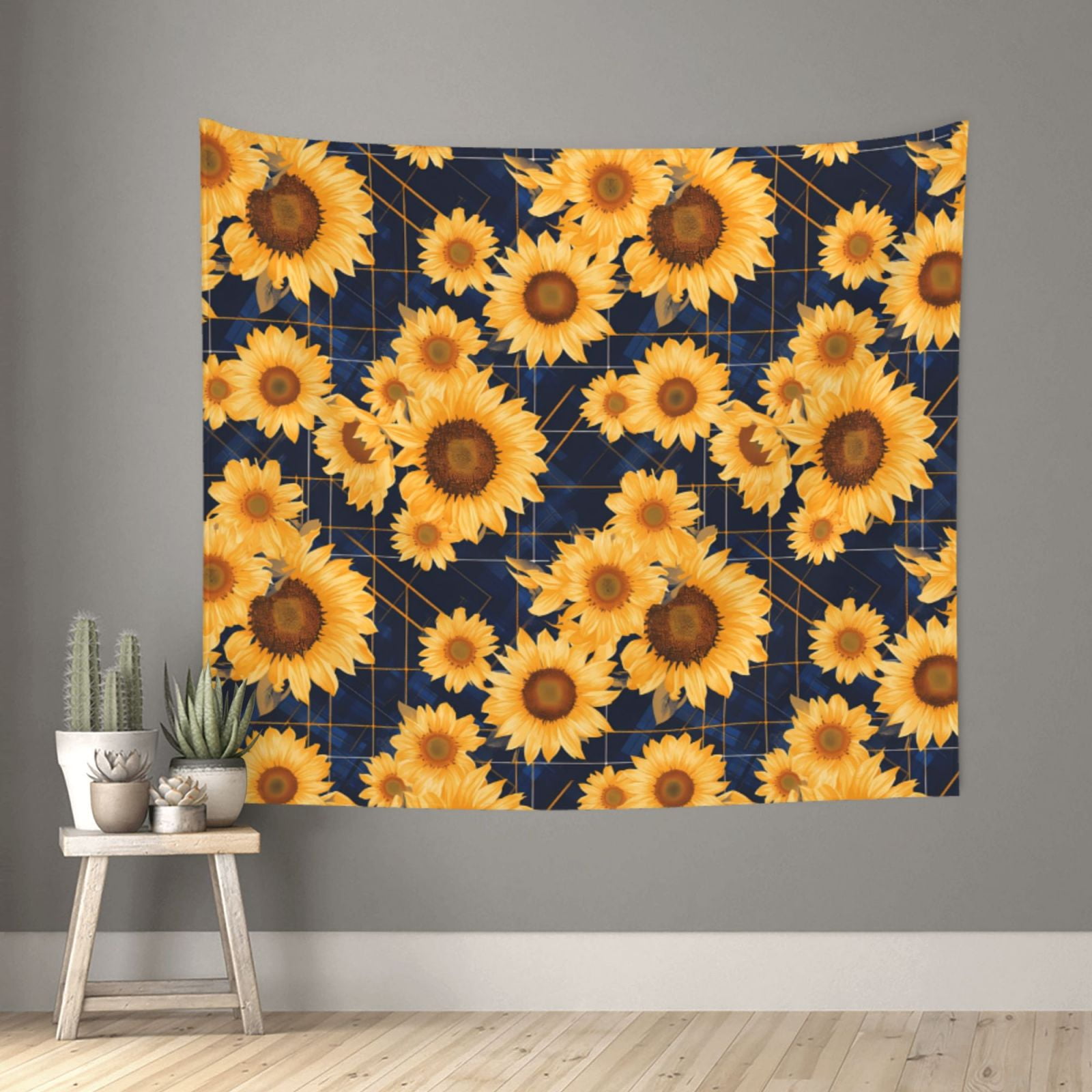 Bingfone Polyester Fabric Tapestry Navy Blue Plaid Sunflower Wall ...