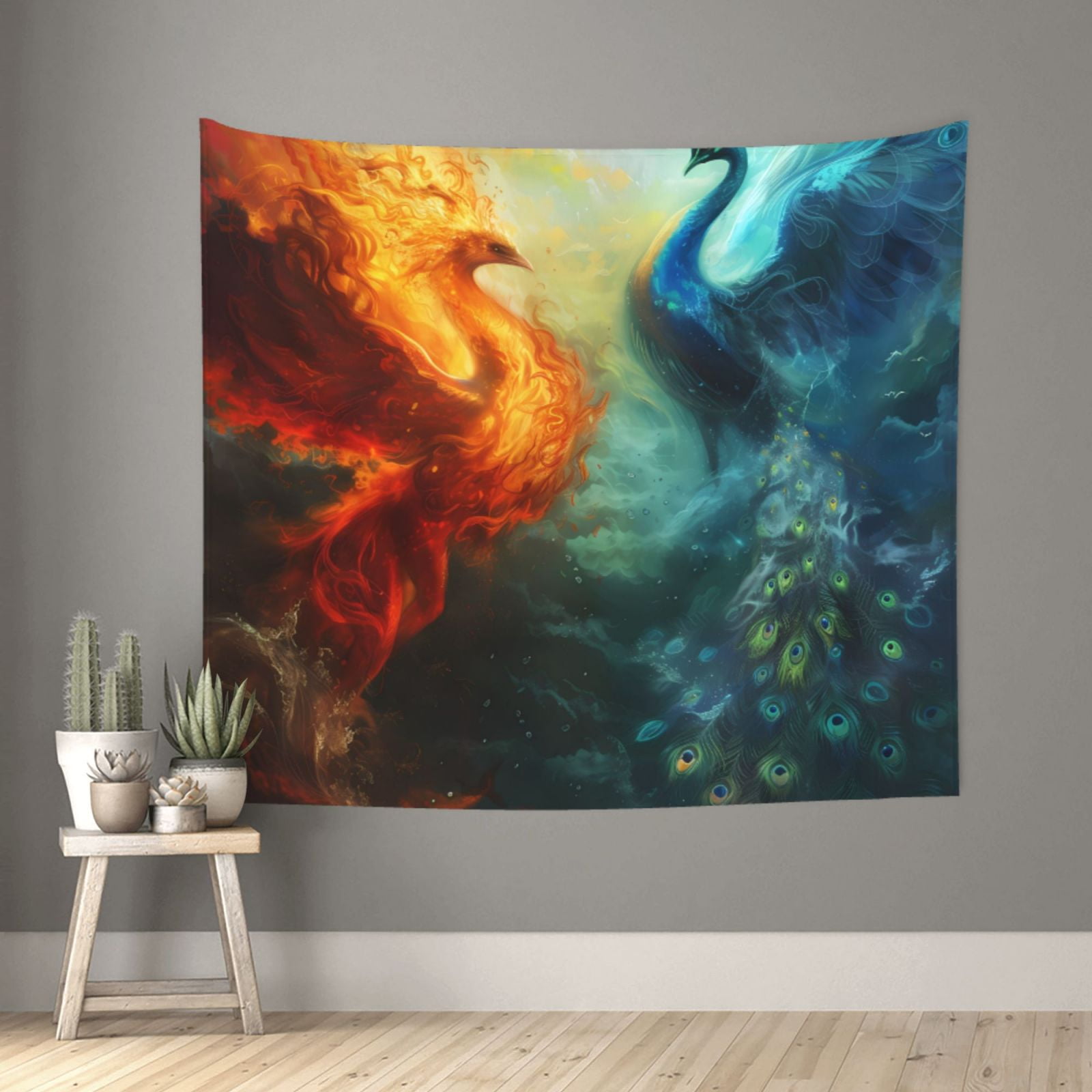 Bingfone Polyester Fabric Tapestry Red And Blue Fire Peacock Wall ...