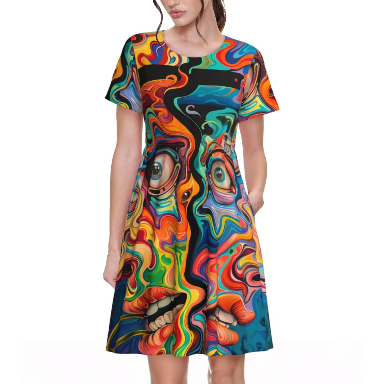 Bingfone Psychedelic Faces Colorful Print Women’s Short Sleeve Dress ...