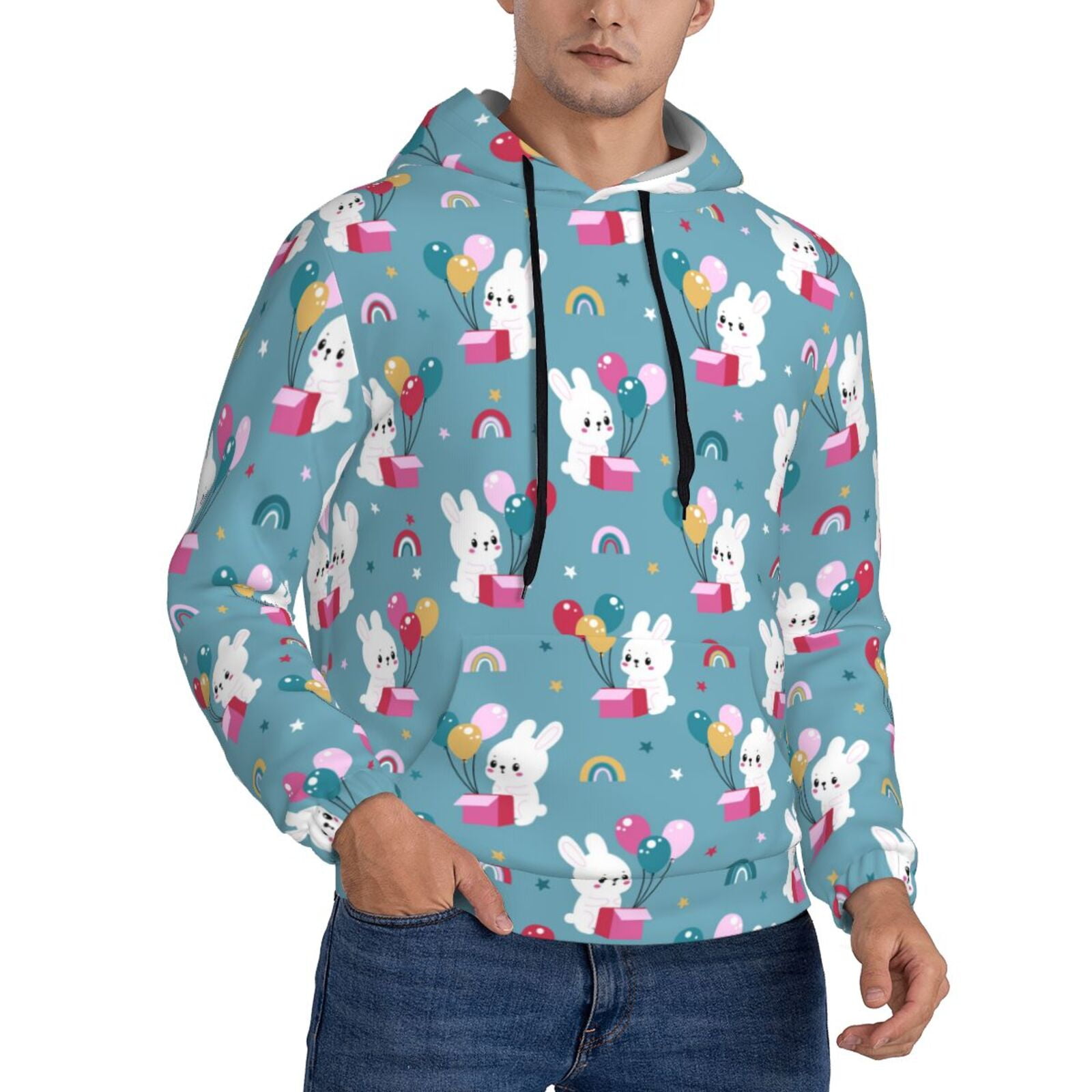 Bingfone Rabbit And Rainbow Men's Drawstring Hoodie Long Sleeve Pocket Sweatshirts-Large ...