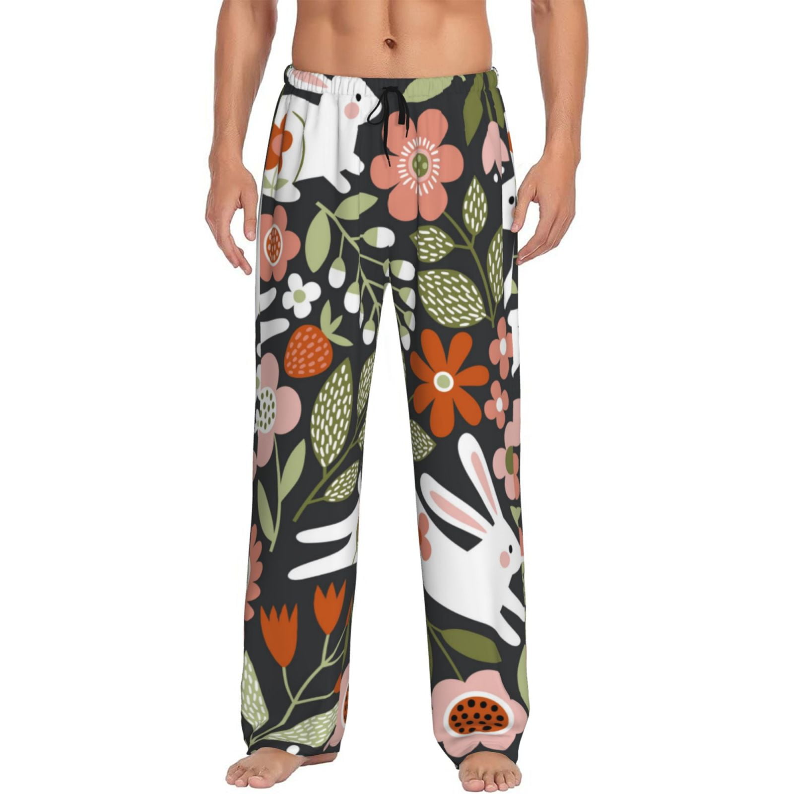 Bingfone Rabbits On Floral Mens All Over Print Sleep Pajama Pants-Large ...