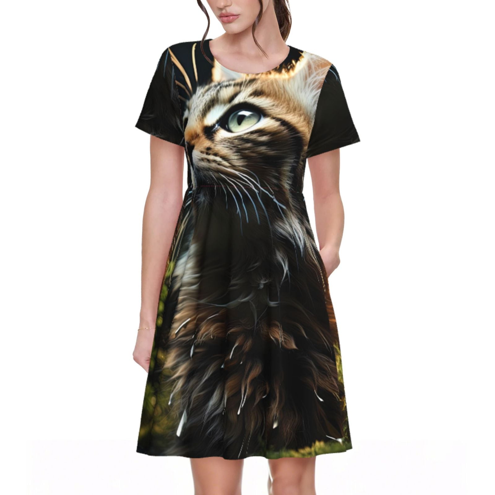 Bingfone Realistic Style Cute Cat Print Women’s Short Sleeve Dress ...