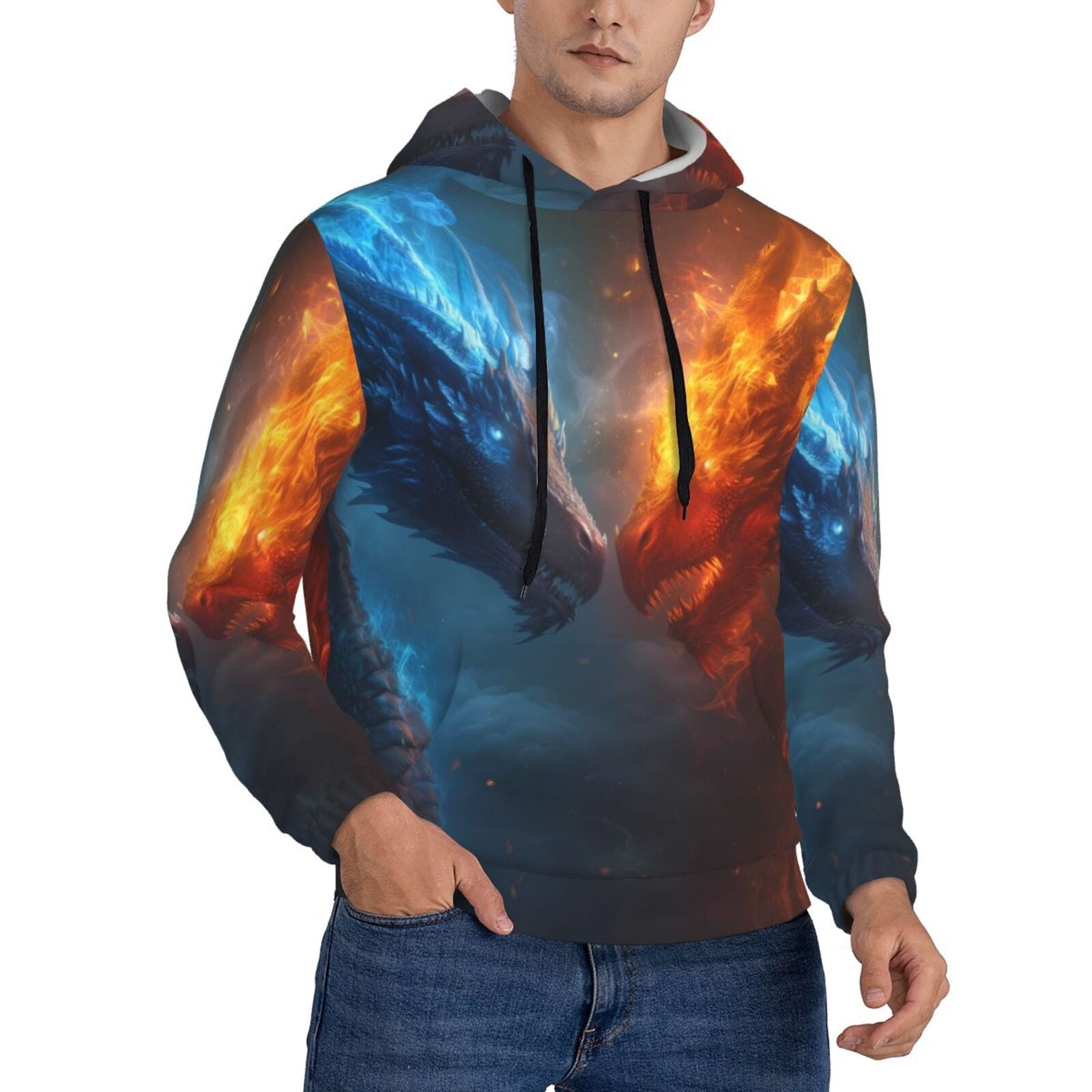 Bingfone Red And Blue Fire Dragon E Men's Drawstring Hoodie Long Sleeve ...
