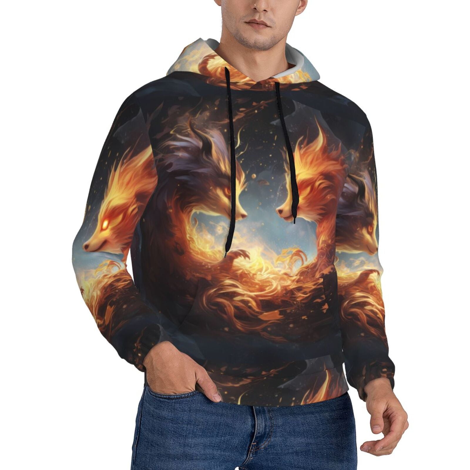 Bingfone Red And Gray Flame Fox Men's Drawstring Hoodie Long Sleeve ...