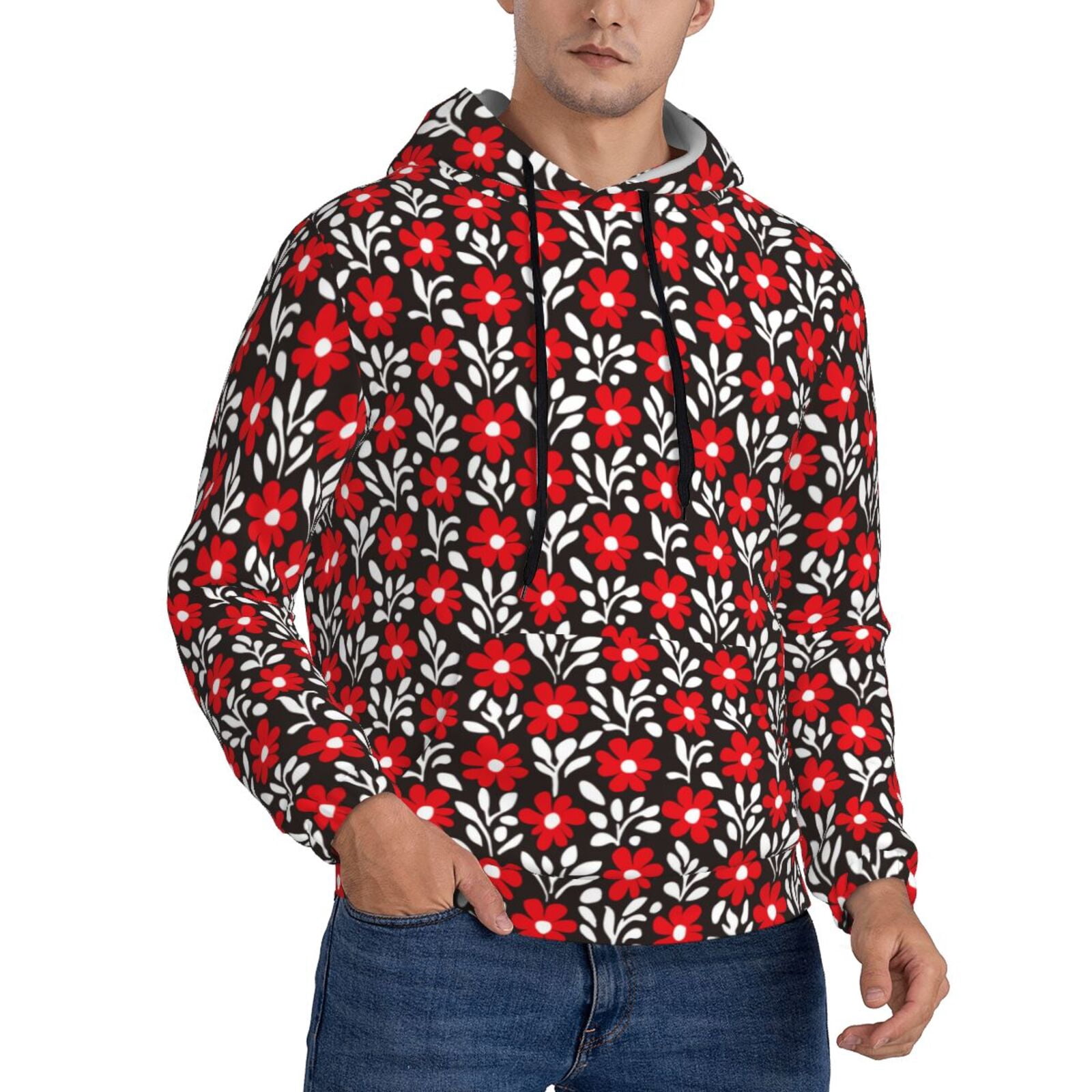 Bingfone Red Floral Men's Drawstring Hoodie Long Sleeve Pocket ...
