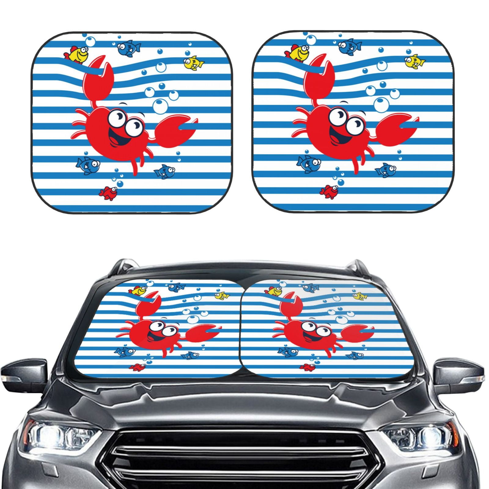 Bingfone Red Funny Crab On Blue Stripe Windshield Sun Shade 2-Piece ...