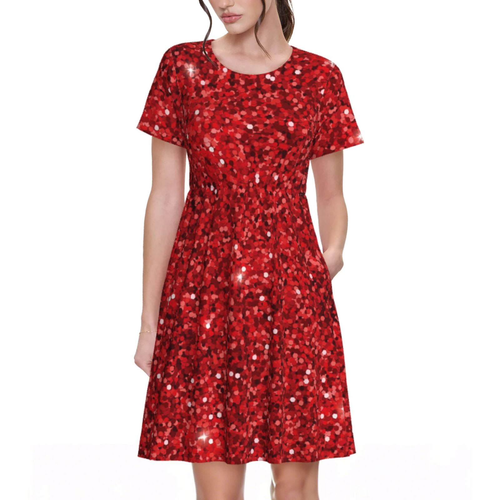 Bingfone Red Glitter Print Women’s Short Sleeve Dress, Comfortable ...