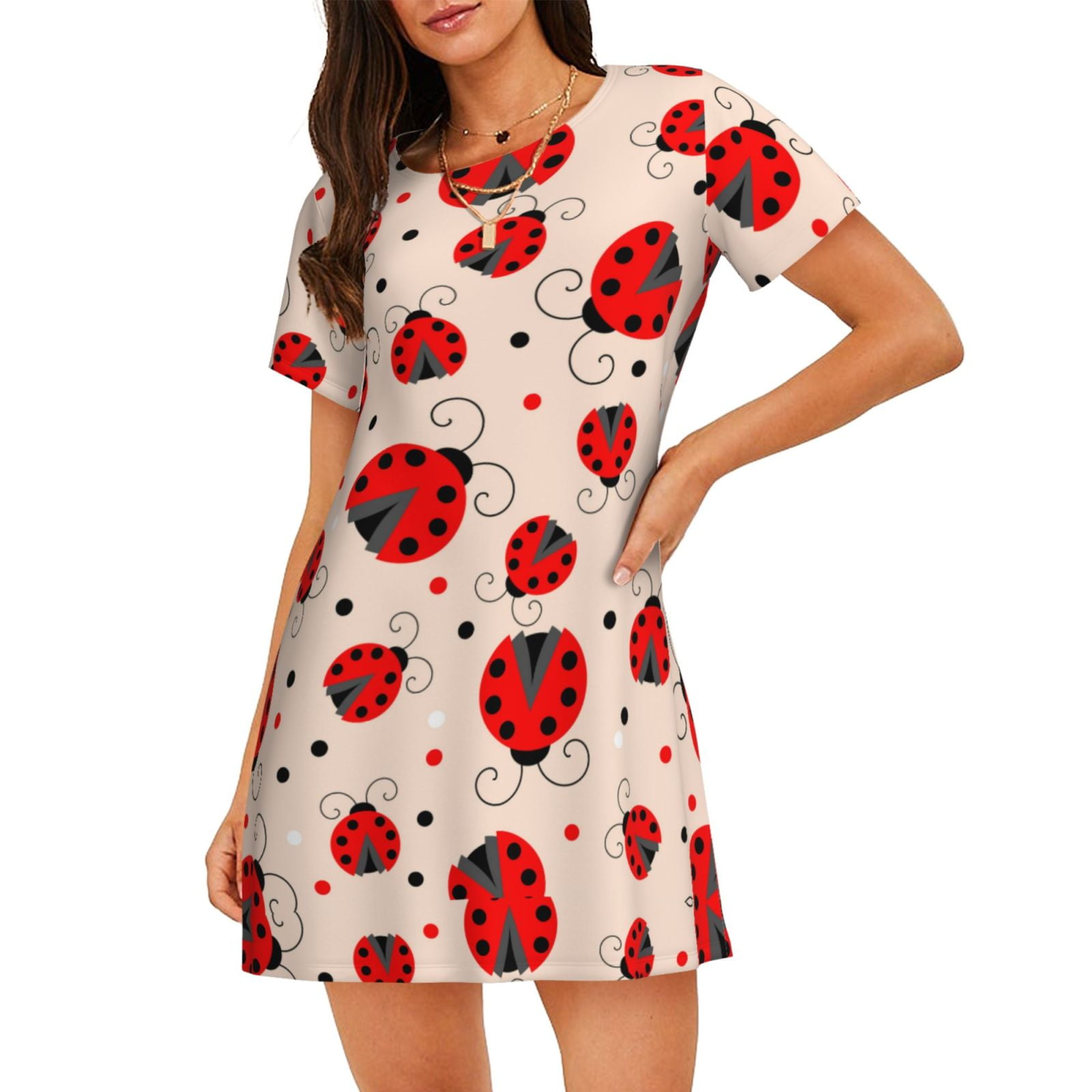 Bingfone Red Ladybug Nightgowns for Women Sleep Shirts Short Sleeve ...