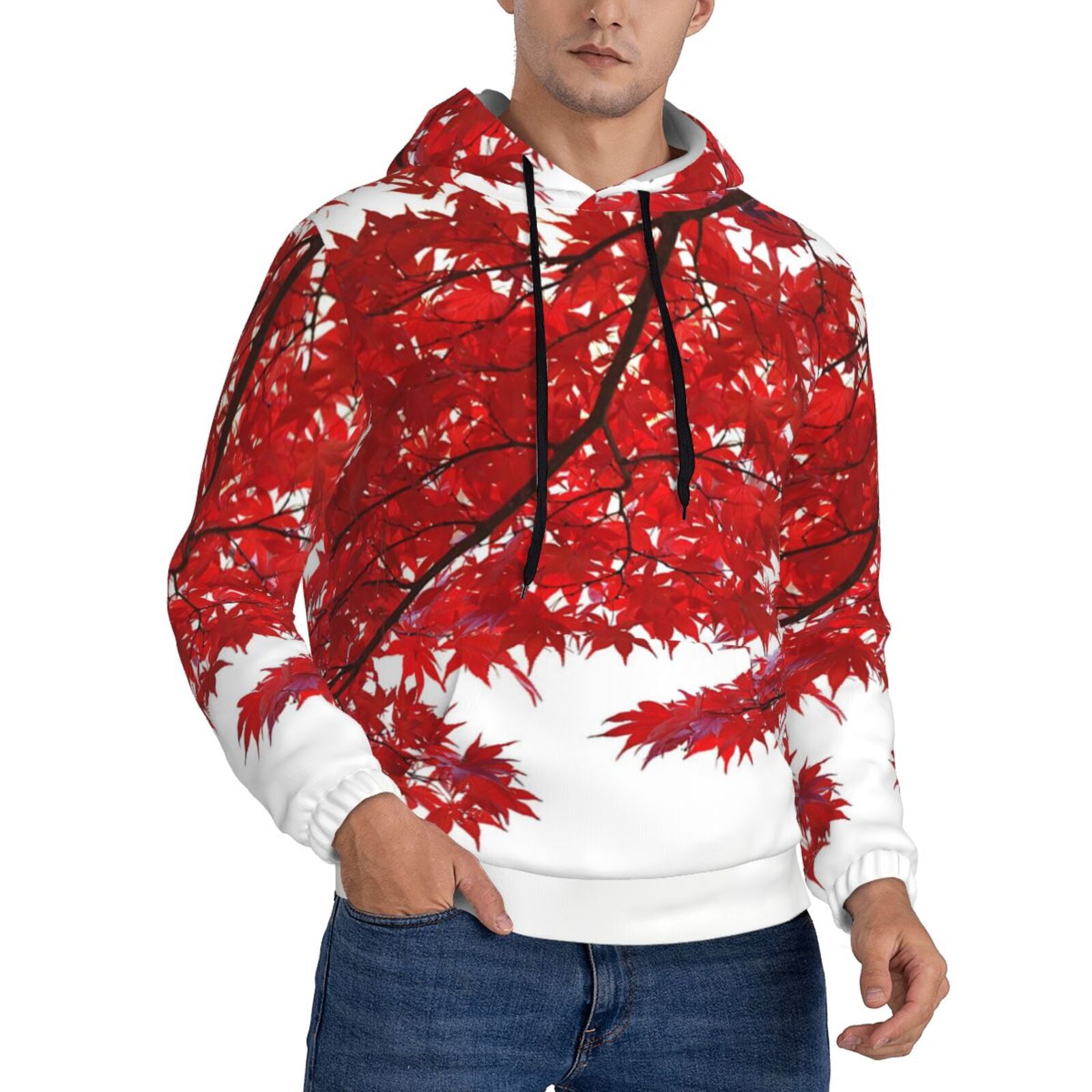 Bingfone Red Maple Leaf Men's Drawstring Hoodie Long Sleeve Pocket ...