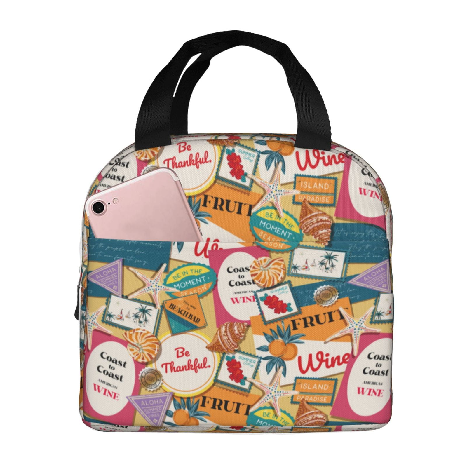 Bingfone Retro Summer Stamp Print Lunch Bag Insulated Lunch Box, Small ...