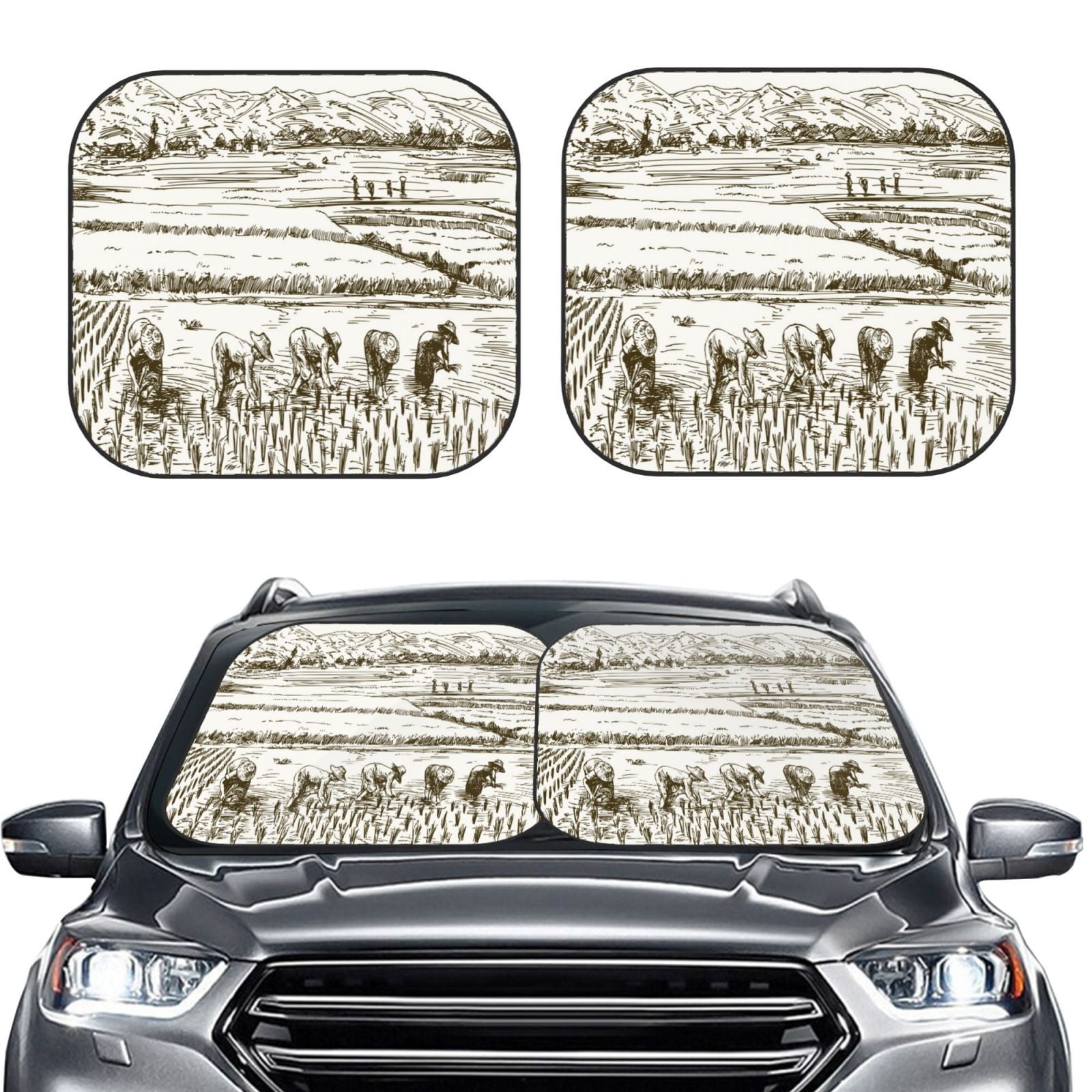 Bingfone Rice Harvest Print 2-Piece Sun Shade Front Windshield ...