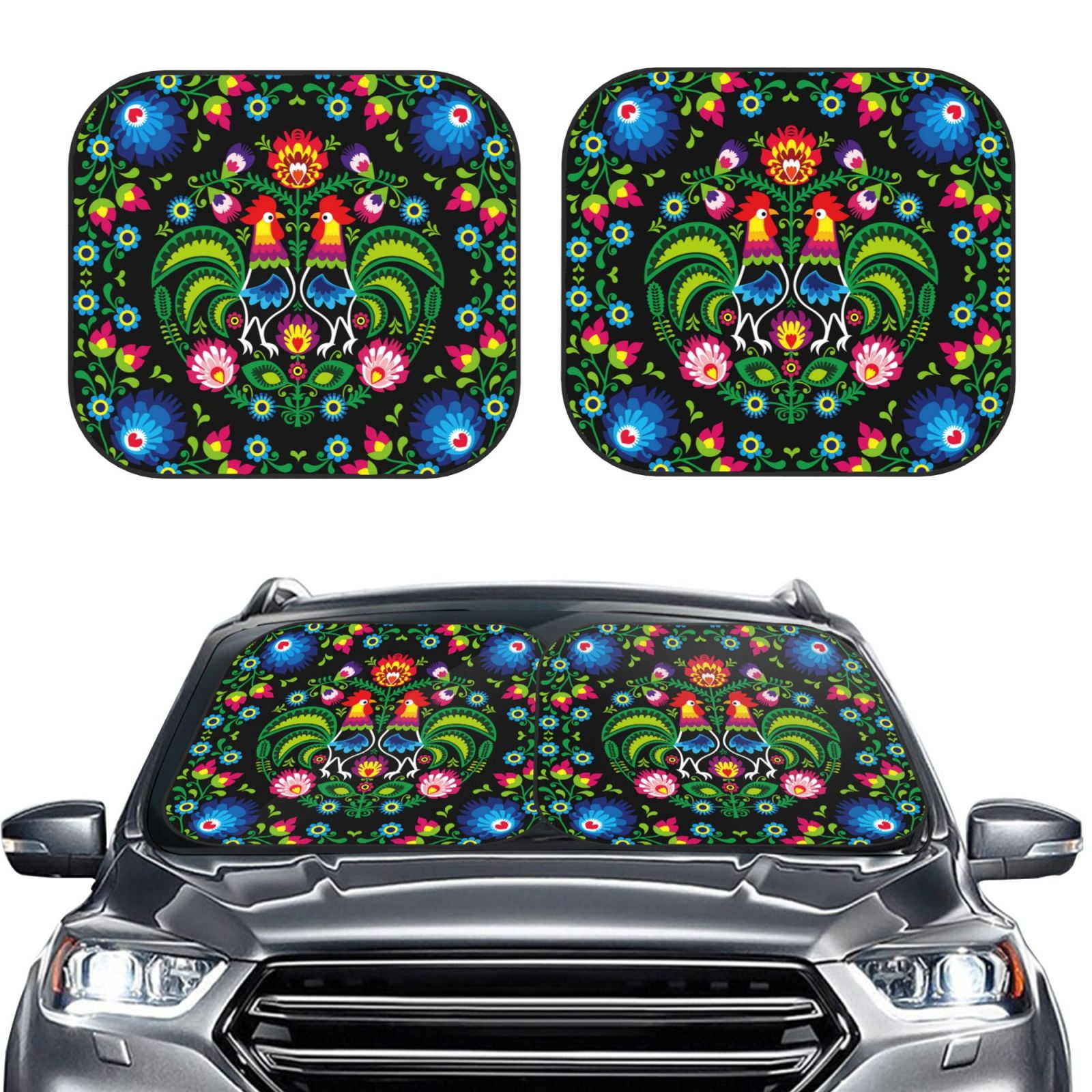 Bingfone Roosters And Flowers Windshield Sun Shade 2-Piece Foldable Car ...