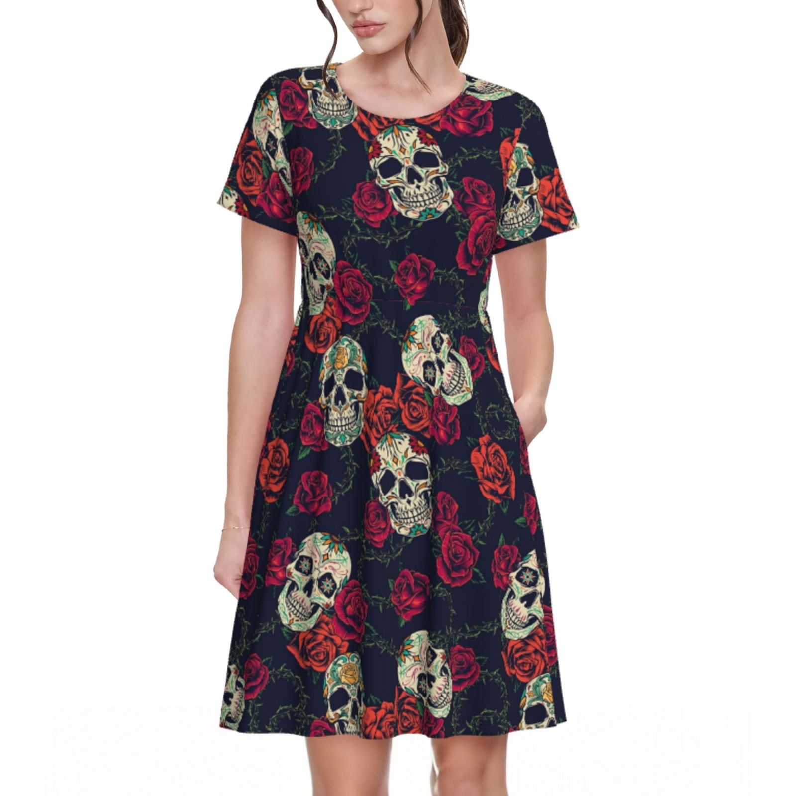 Bingfone Roses Skulls Print Women’s Short Sleeve Dress, Comfortable ...