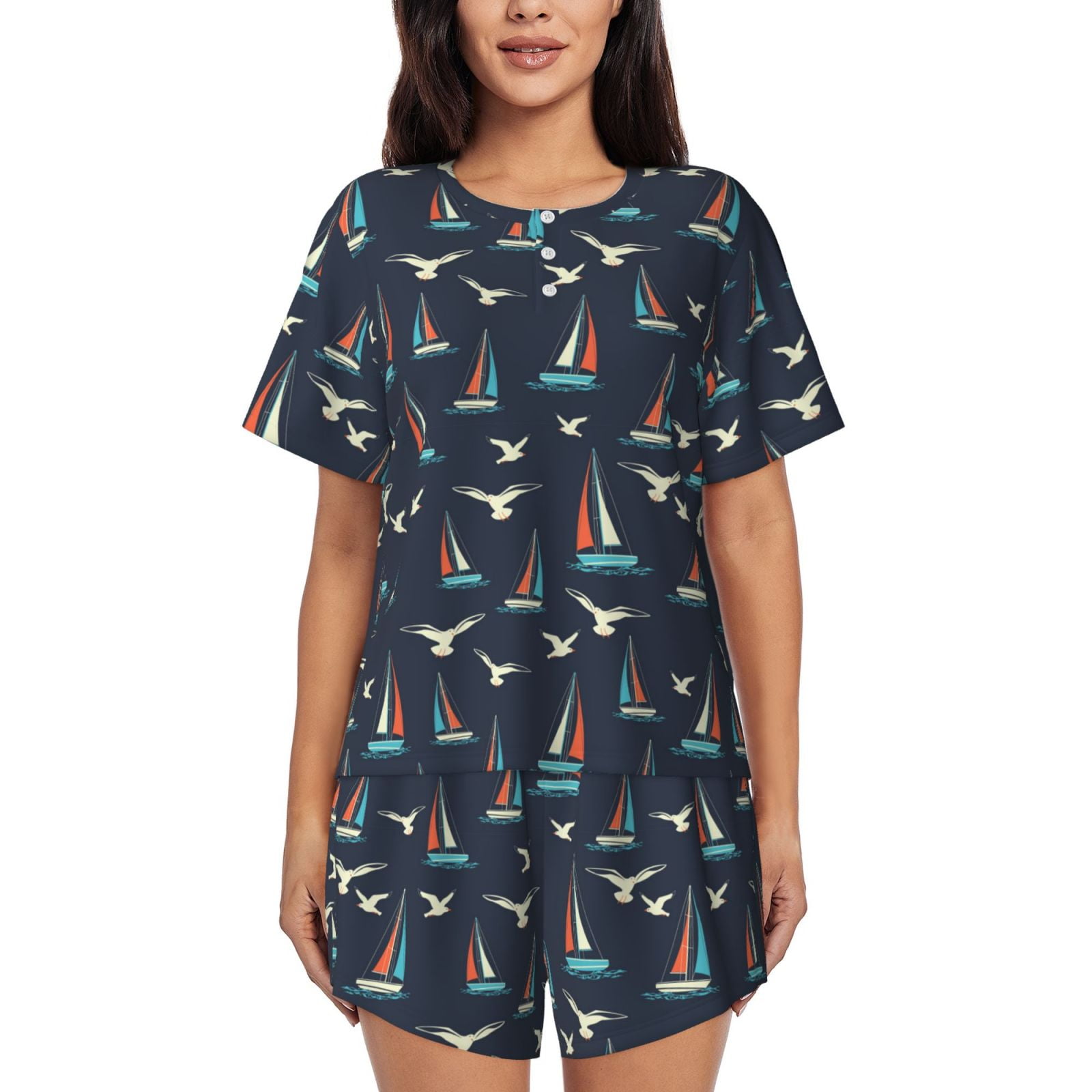 Bingfone Sailboat And Seagull Print Pajamas Sets for Women Soft Short ...