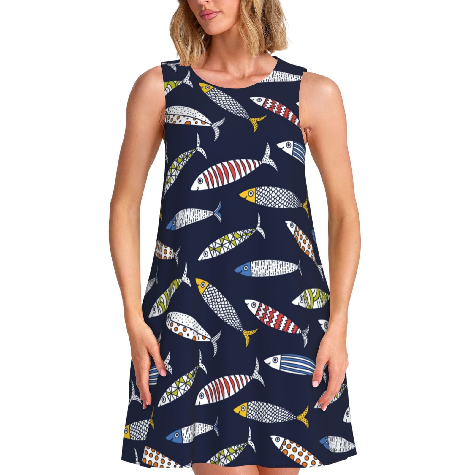 Bingfone Sardine Print Women's Sleeveless Dress, Loose Fit Summer ...