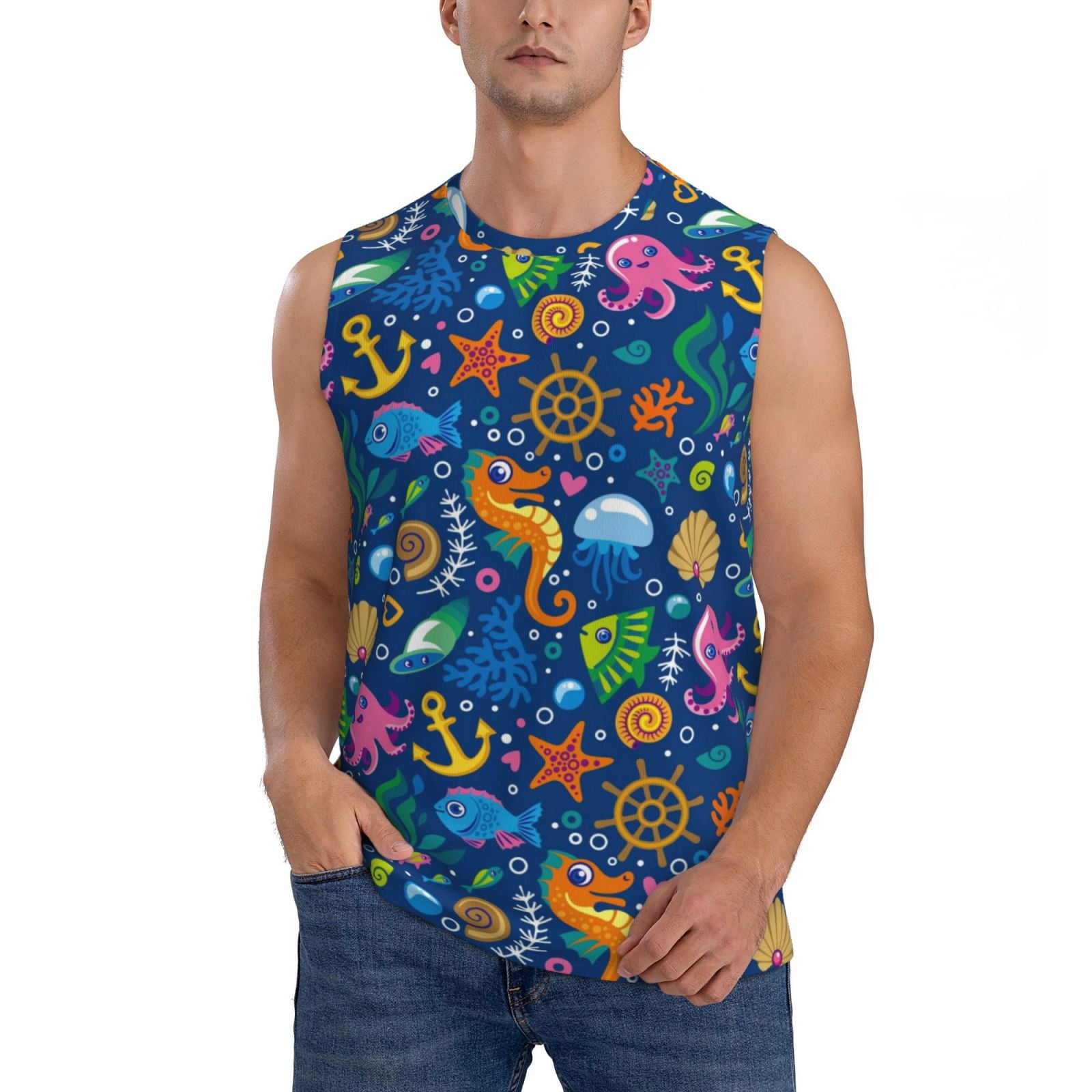 Bingfone Sea Fish Pattern Men's Tank Tops Workout Sleeveless Tee Shirts ...