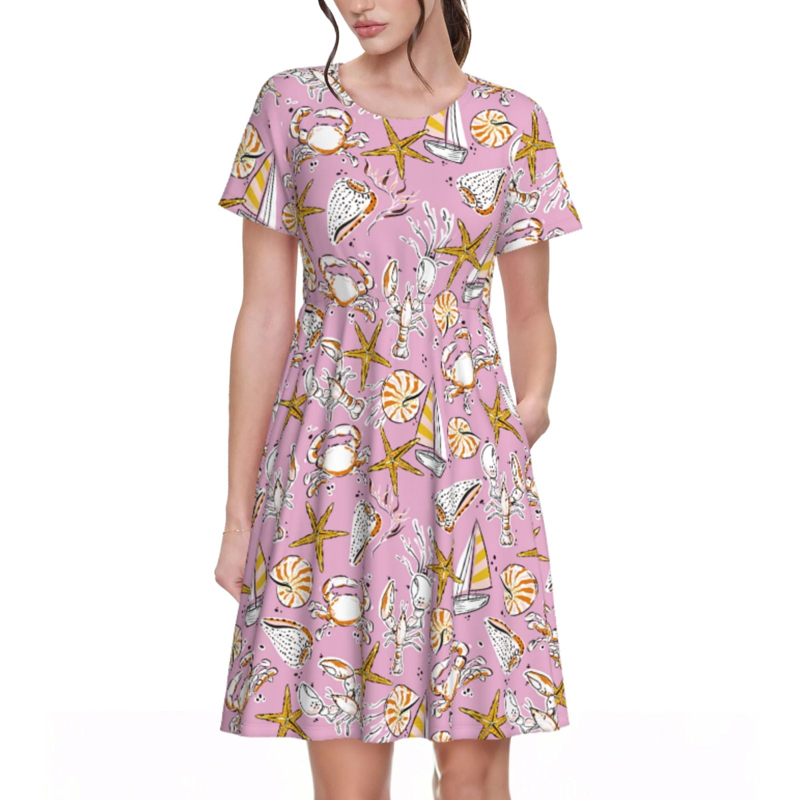 Bingfone Seafood Print Women’s Short Sleeve Dress, Comfortable Casual ...