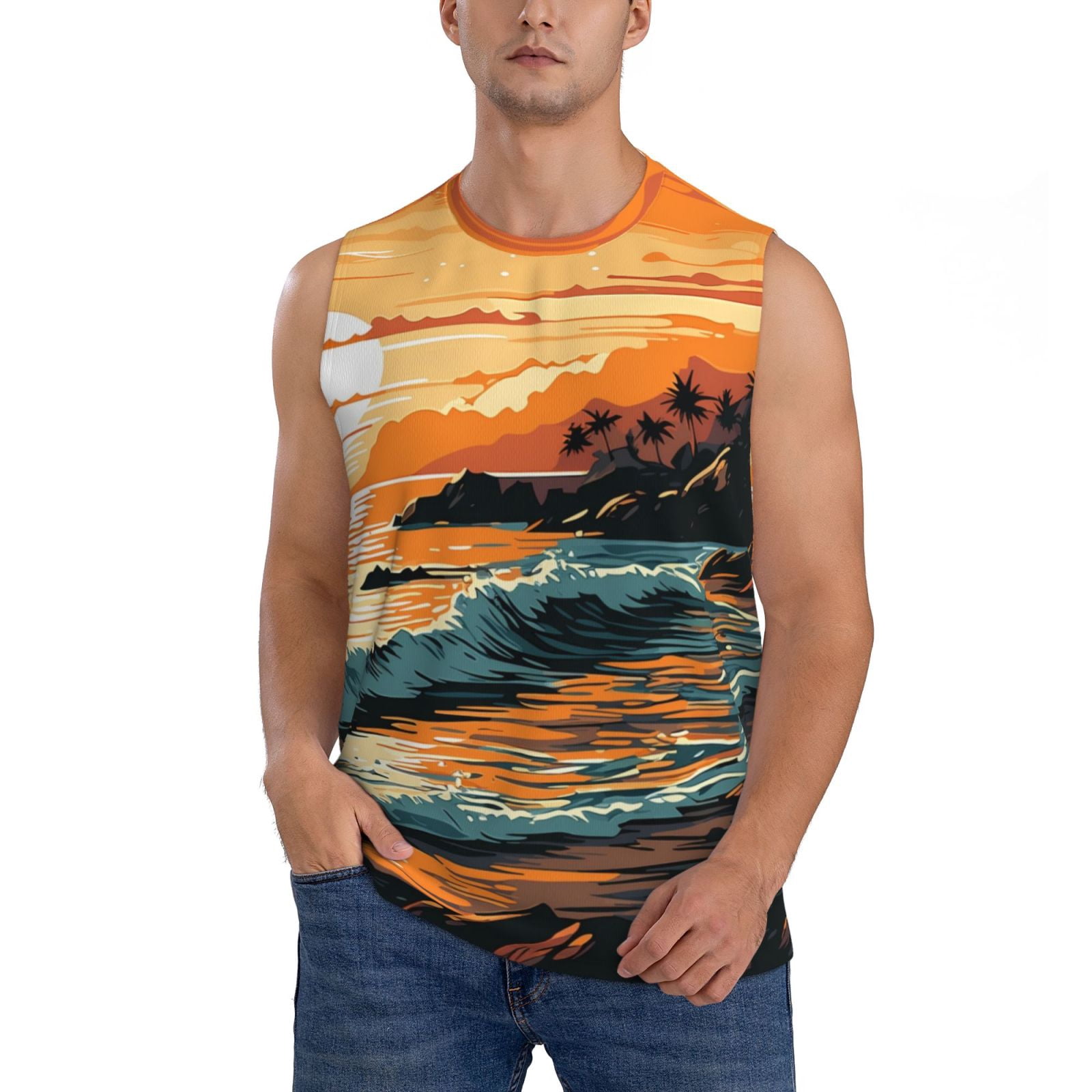 Bingfone Serene Ocean Sunset Pattern Men's Tank Tops Workout Sleeveless ...