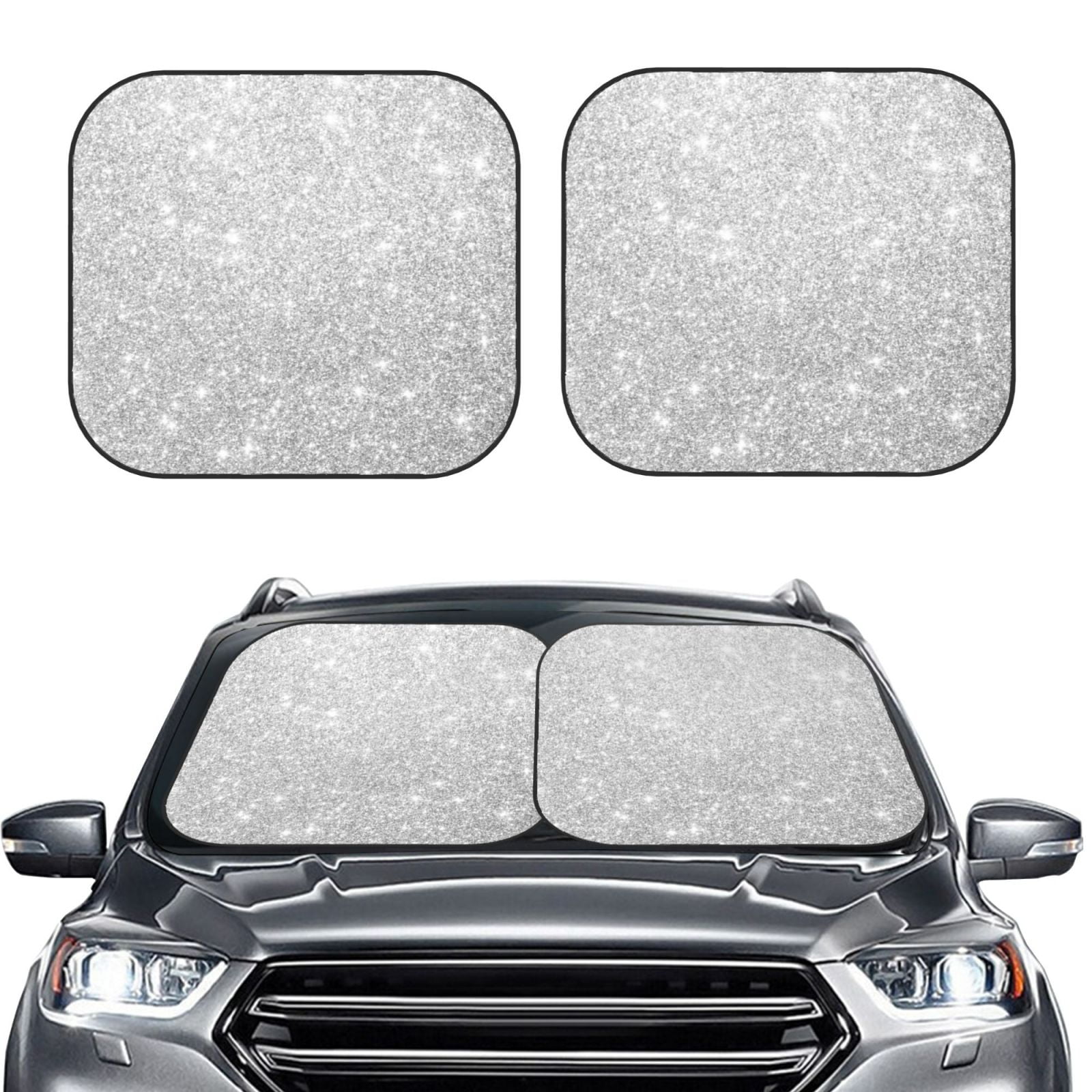Bingfone Silver Glitter Print 2-Piece Sun Shade Front Windshield ...