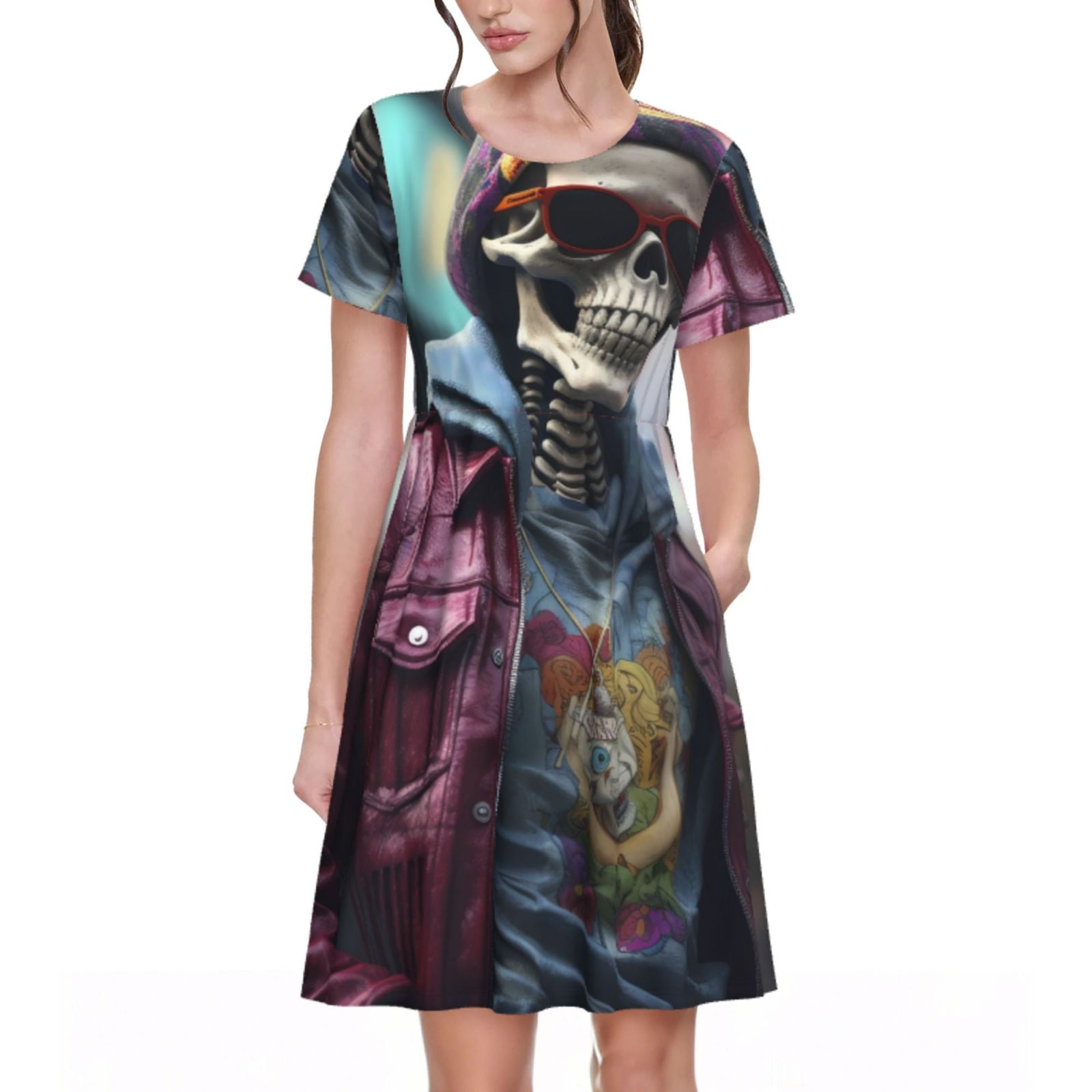 Bingfone Skeleton Cool Street Fashion Print Women’s Short Sleeve Dress ...