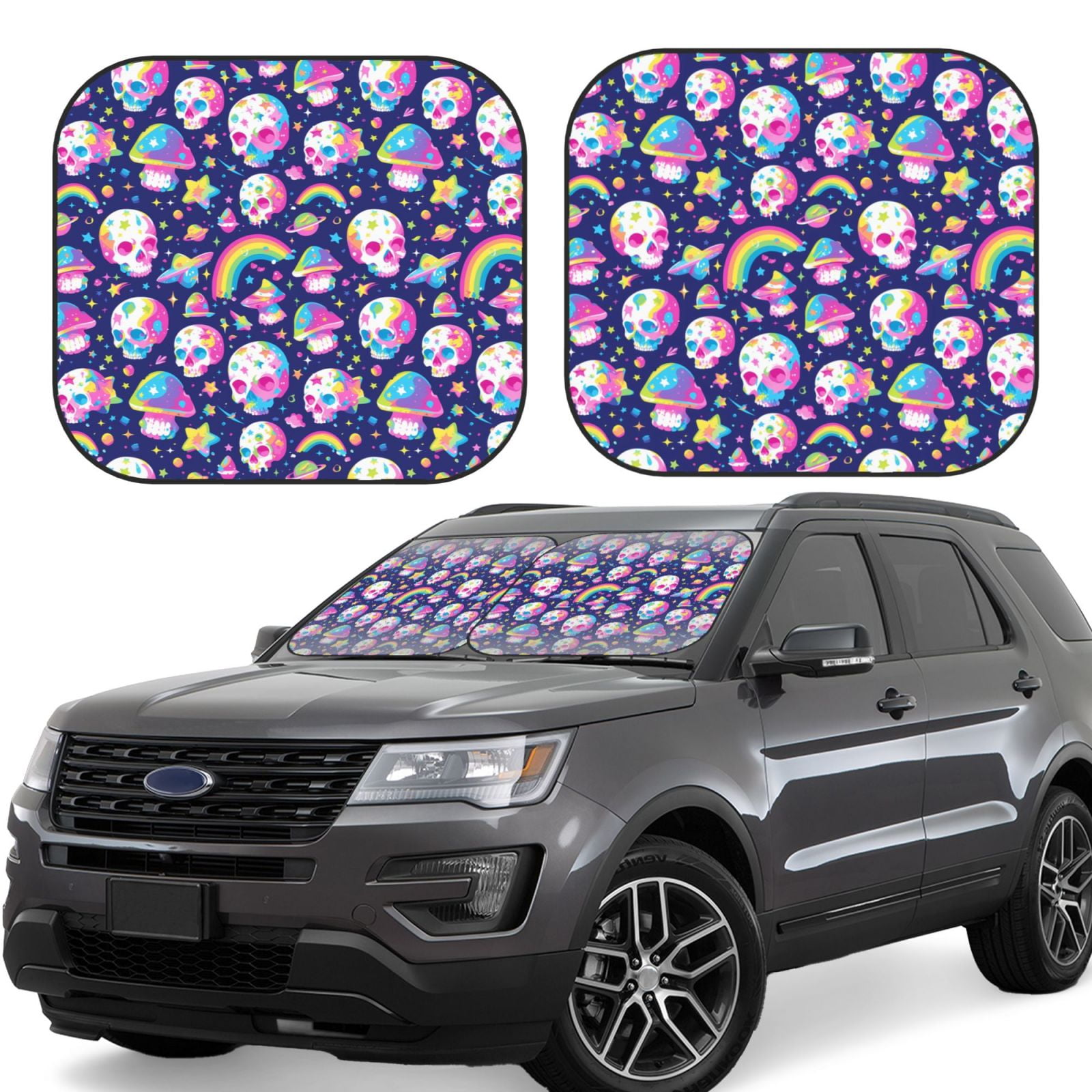 Bingfone Skull mushroom rainbow space Windshield Sun Shade 2-Piece ...