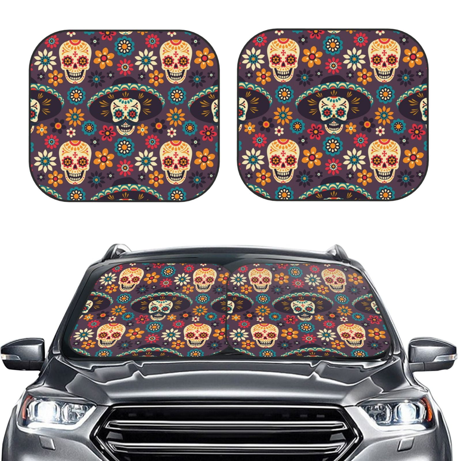 Bingfone Skulls And Flowers Print 2-Piece Sun Shade Front Windshield ...