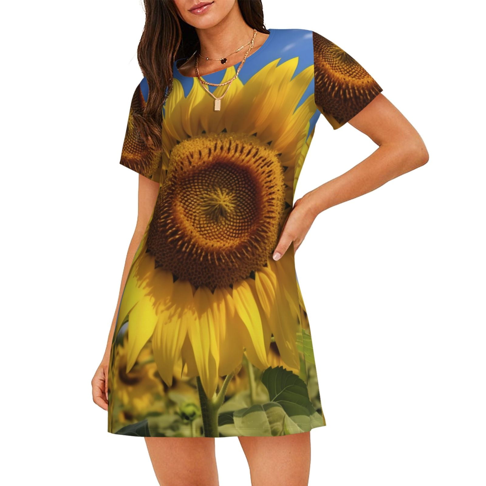 Bingfone Sky Golden Sunflower Field A Nightgowns for Women Sleep Shirts ...