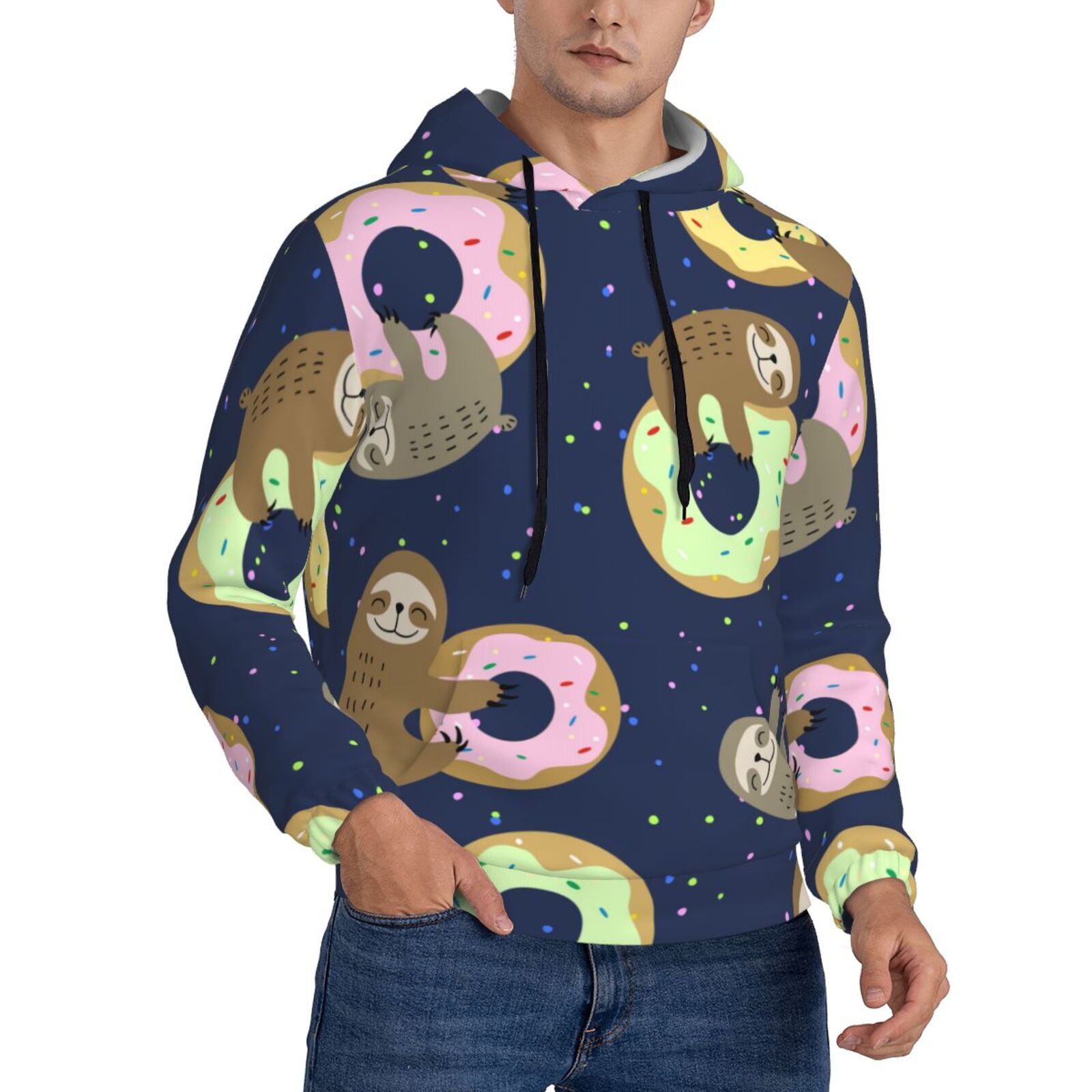 Bingfone Sloth With Donuts Men'S Drawstring Hoodie Long Sleeve Pocket ...