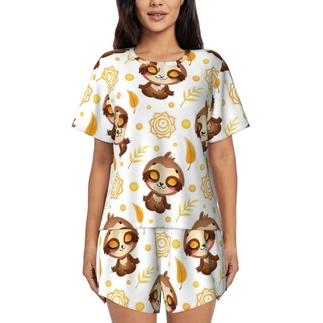 Bingfone Sloth Yoga Print Pajamas Sets for Women Soft Short-Sleeved Pjs ...