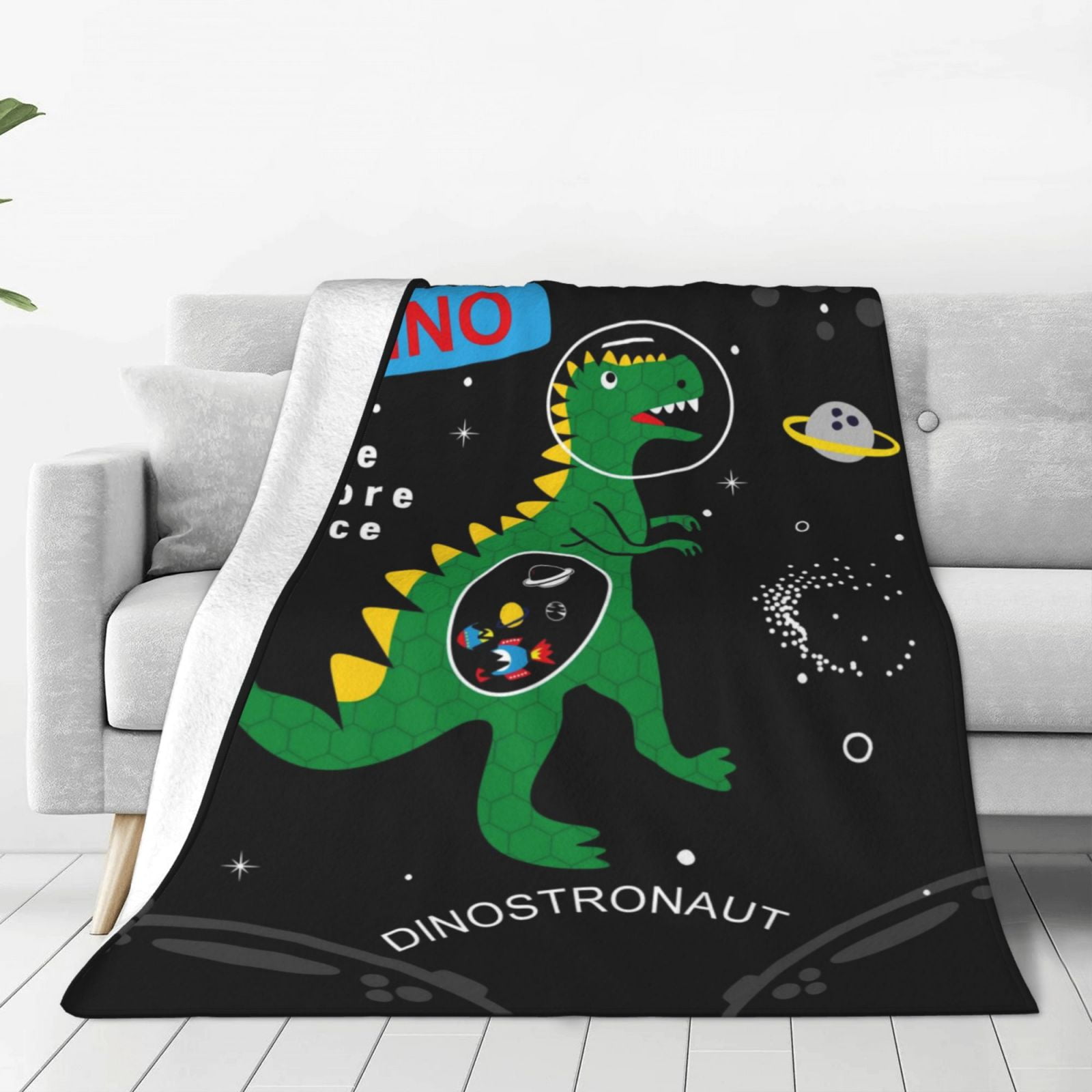 Bingfone Space Dino Cartoon Black Print Flannel Fleece Blanket Throw ...
