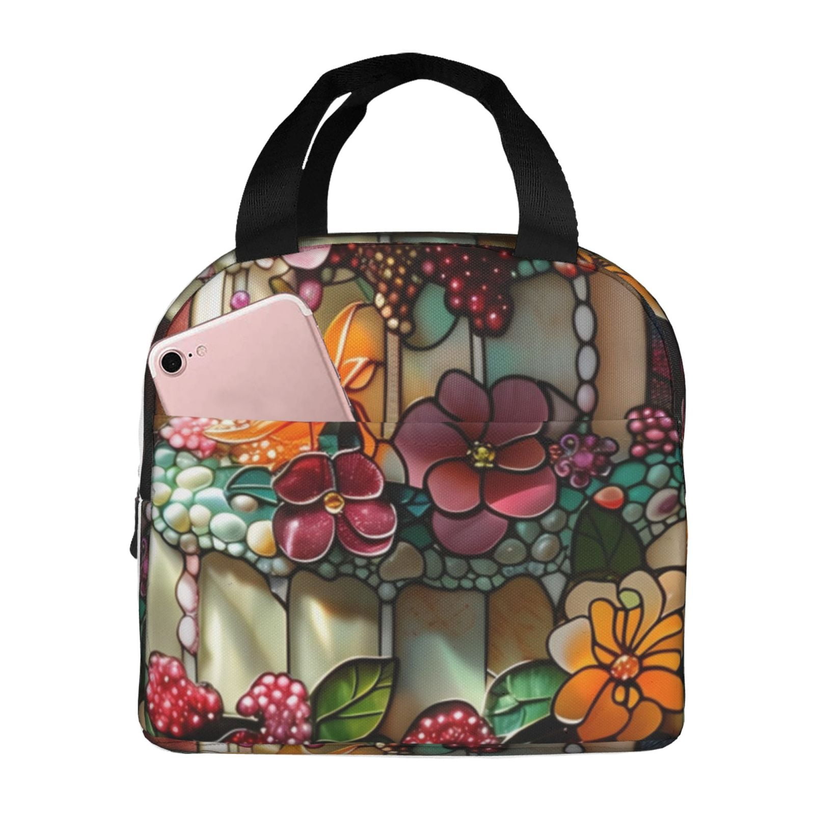 Bingfone Stained Glass Floral Cake Print Lunch Bag Insulated Lunch Box ...