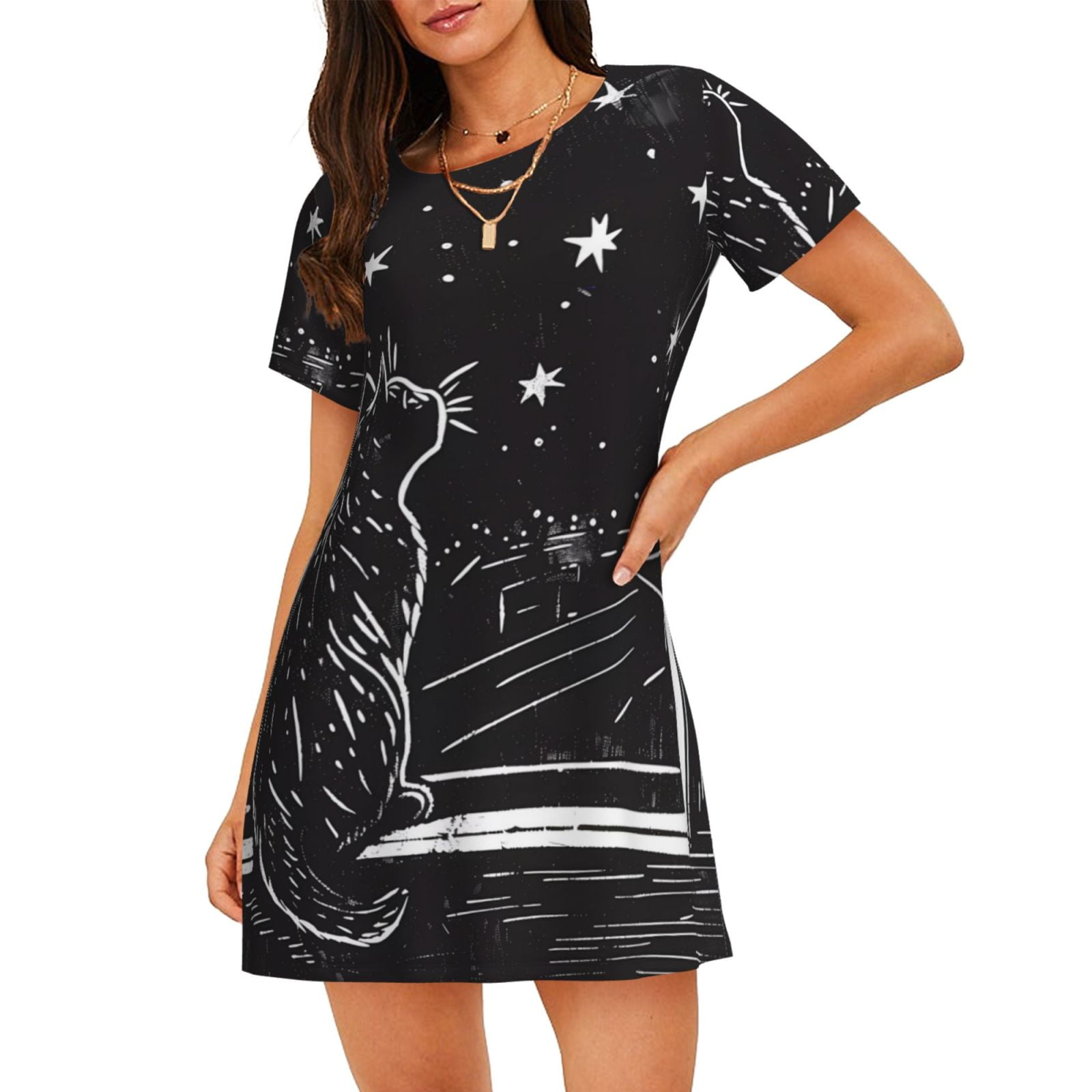Bingfone Star Gazing Cat Illustration Nightgowns for Women Sleep Shirts ...