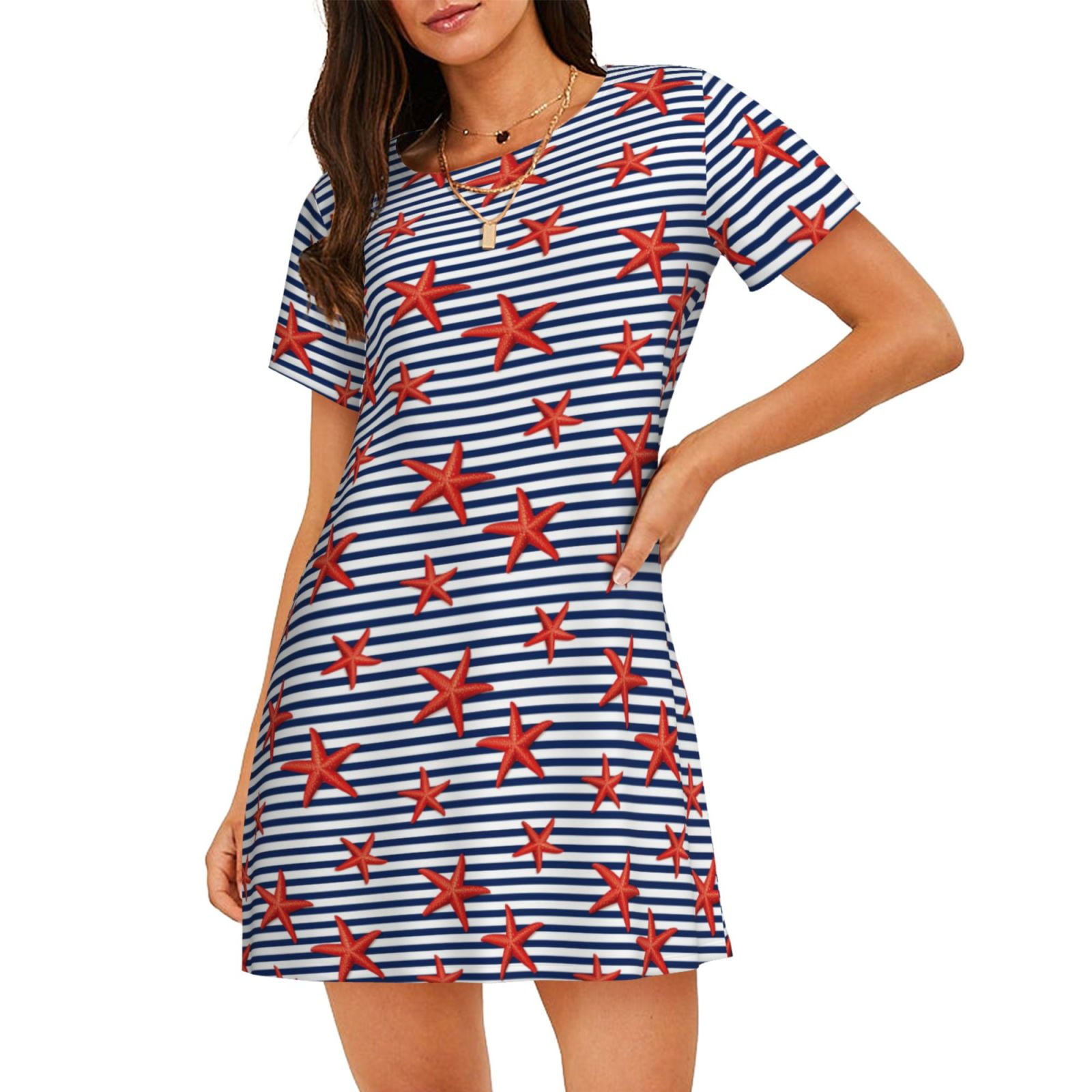 Bingfone Starfish Navy Blue Stripe Nightgowns for Women Sleep Shirts ...