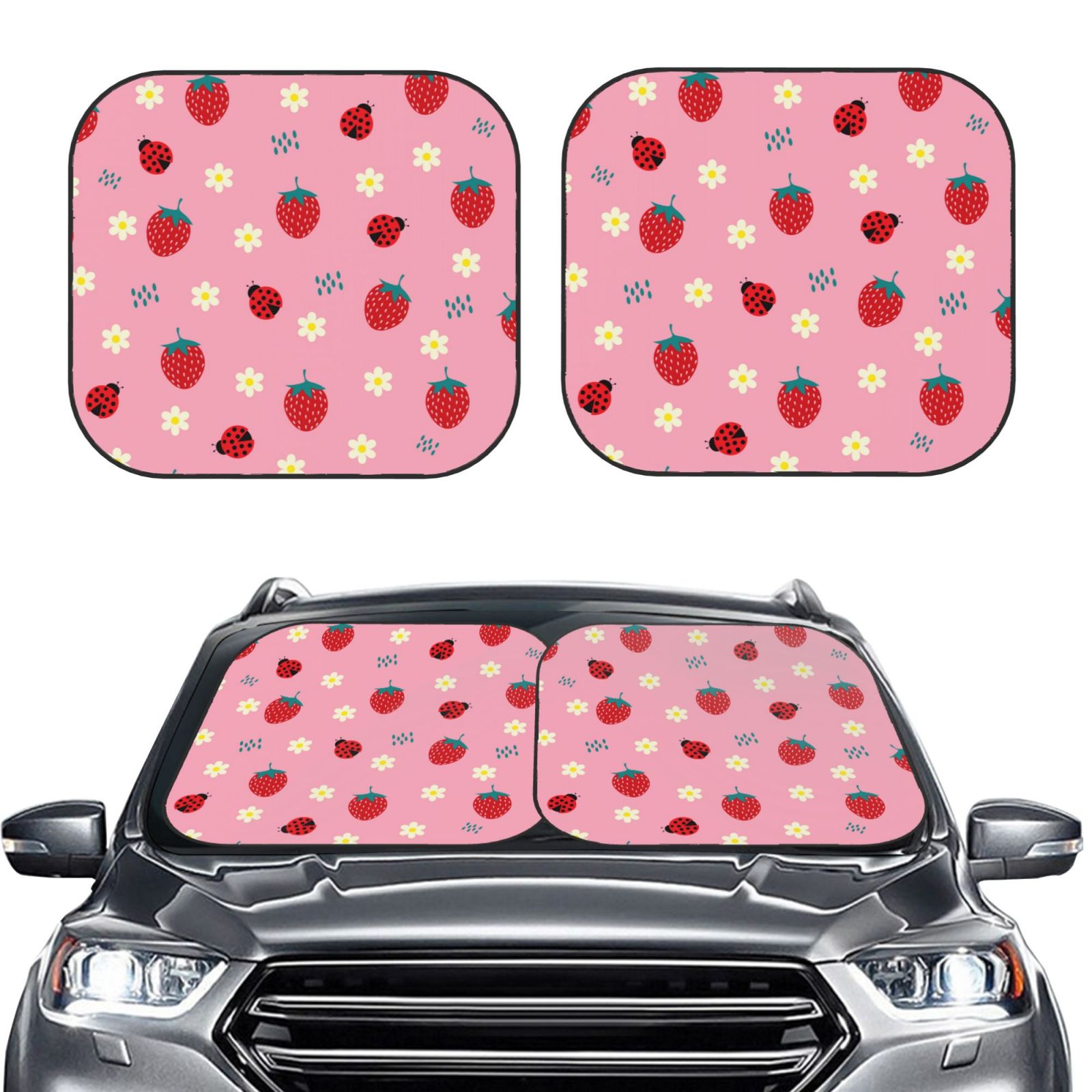 Bingfone Strawberry And Ladybugs Windshield Sun Shade 2-Piece Foldable ...