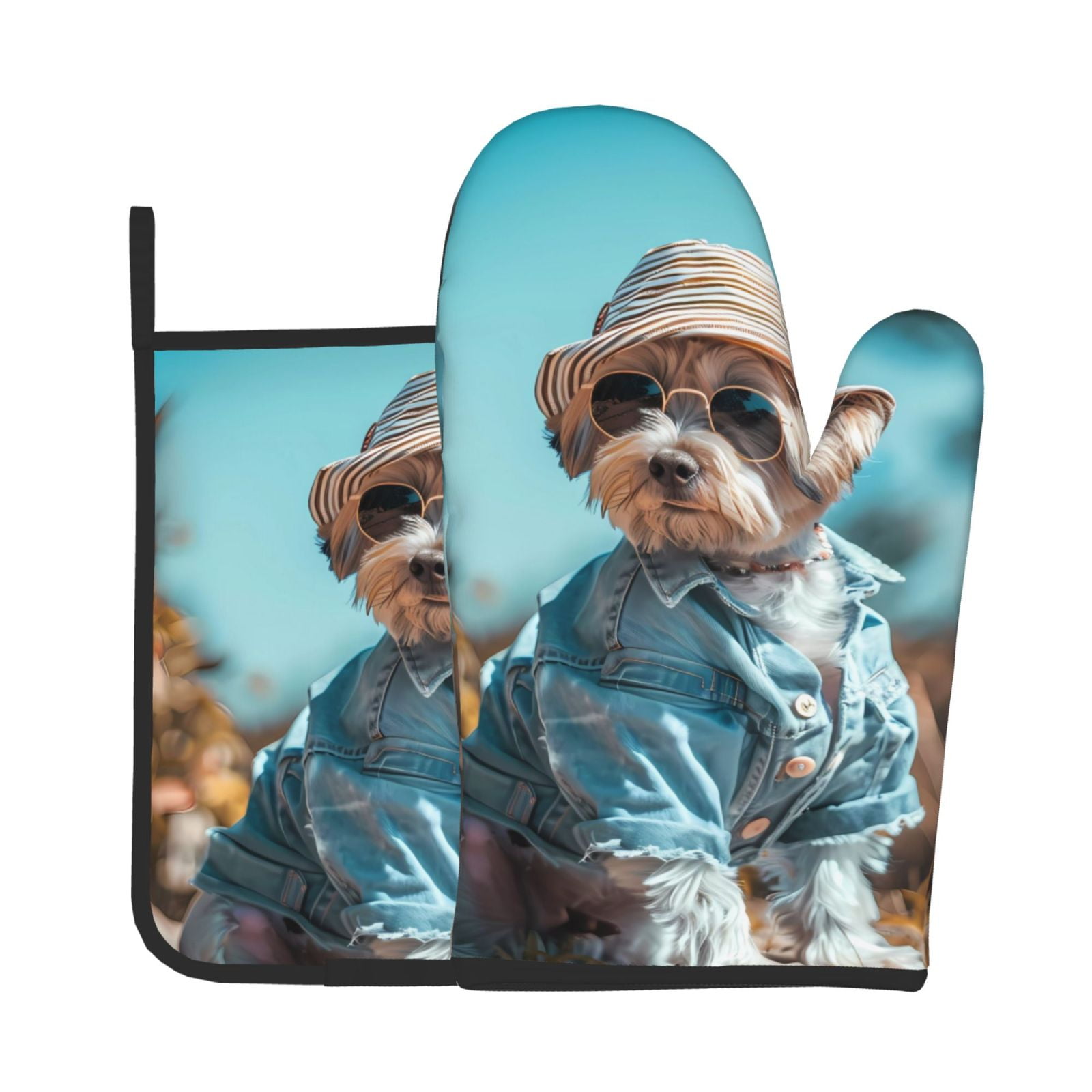 Bingfone Stylish Dog in Denim Outfit Print Oven Mitts Pot Holders Set 2 ...