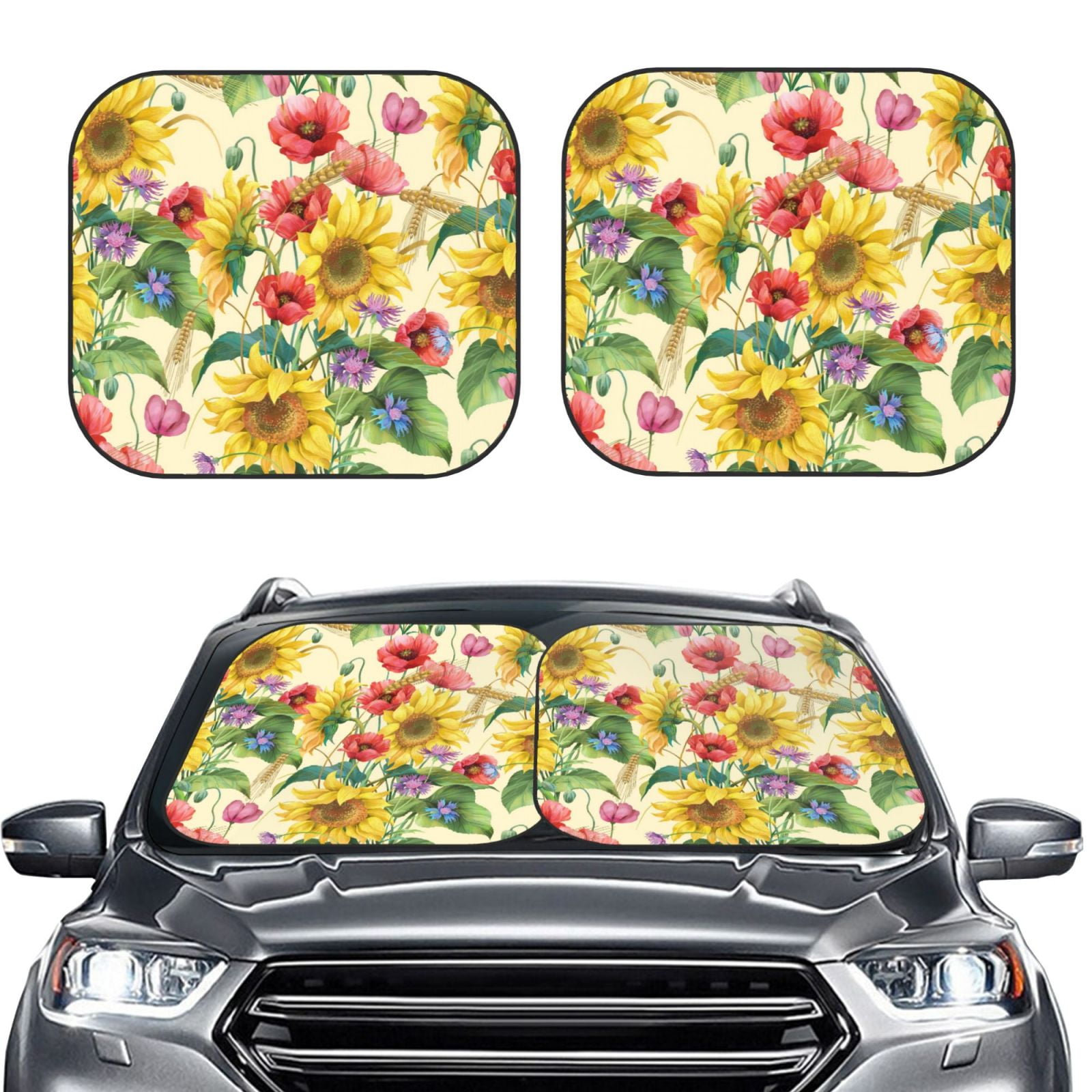 Bingfone Sunflower Cornflower Poppy Print 2-Piece Sun Shade Front ...