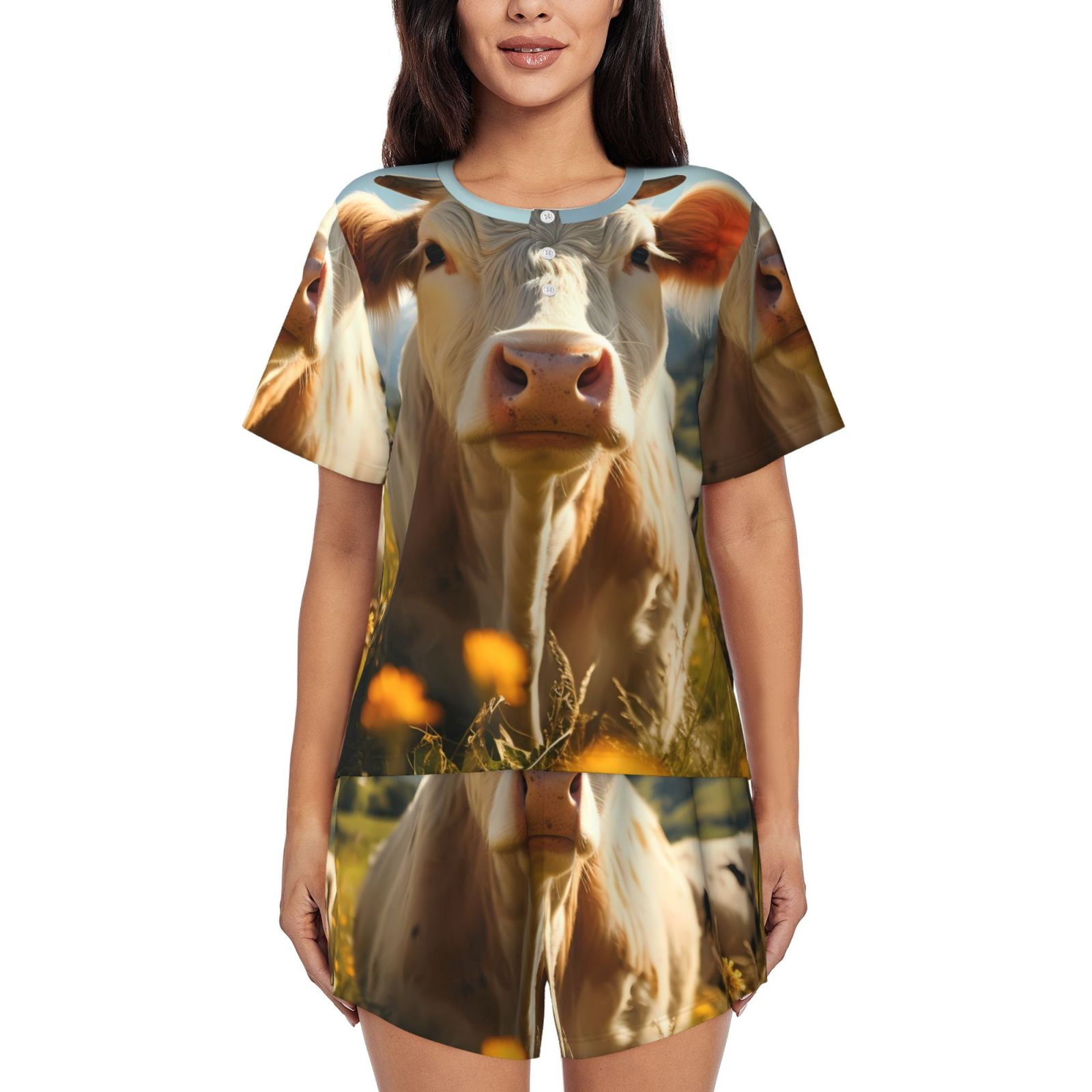 Bingfone Sunflower Cow Pasture Print Pajamas Sets for Women Soft Short ...