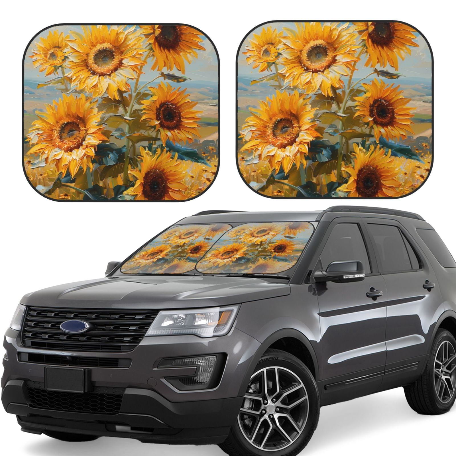 Bingfone Sunflower Field Art Windshield Sun Shade 2-Piece Foldable Car ...