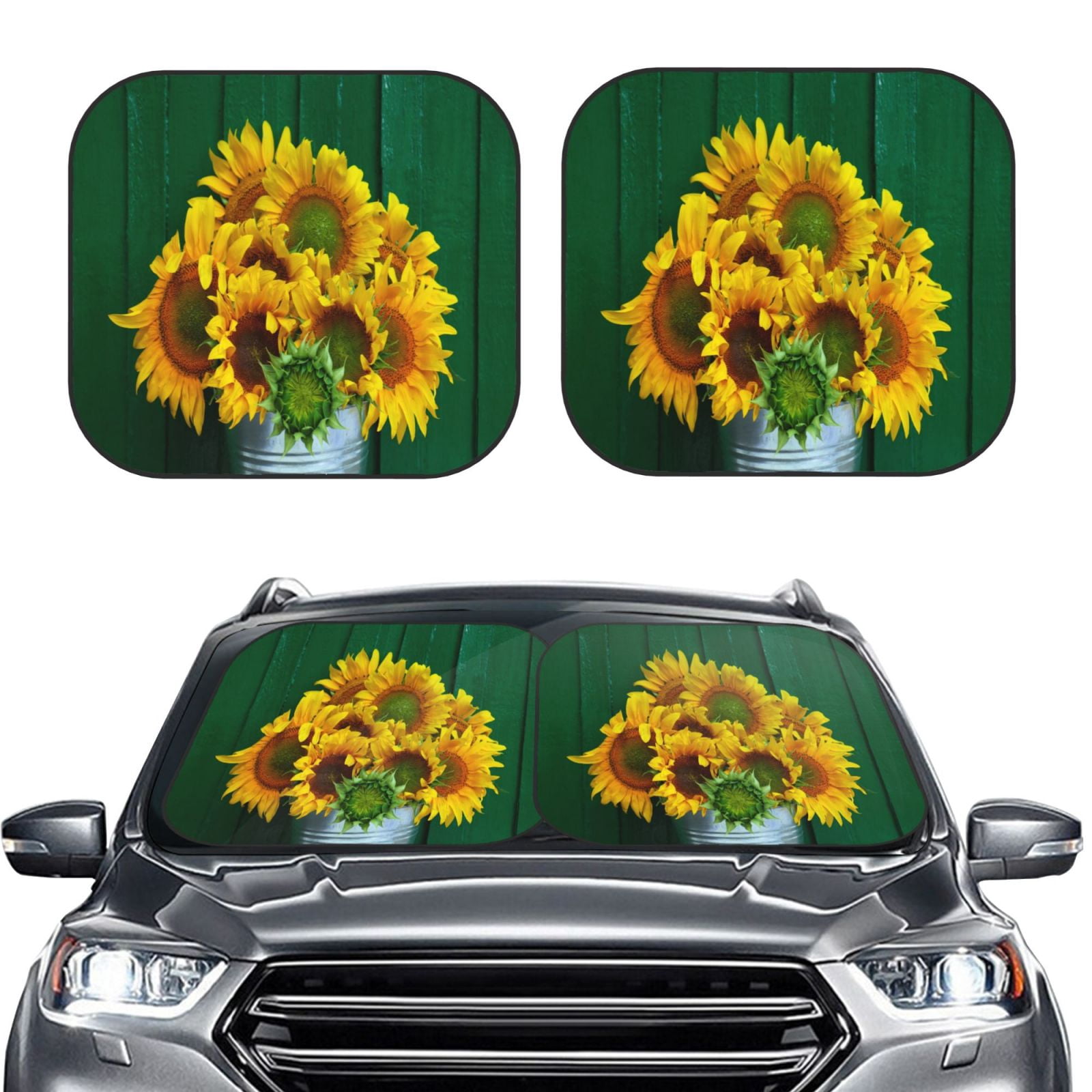 Bingfone Sunflowers In Bucket Windshield Sun Shade 2-Piece Foldable Car ...