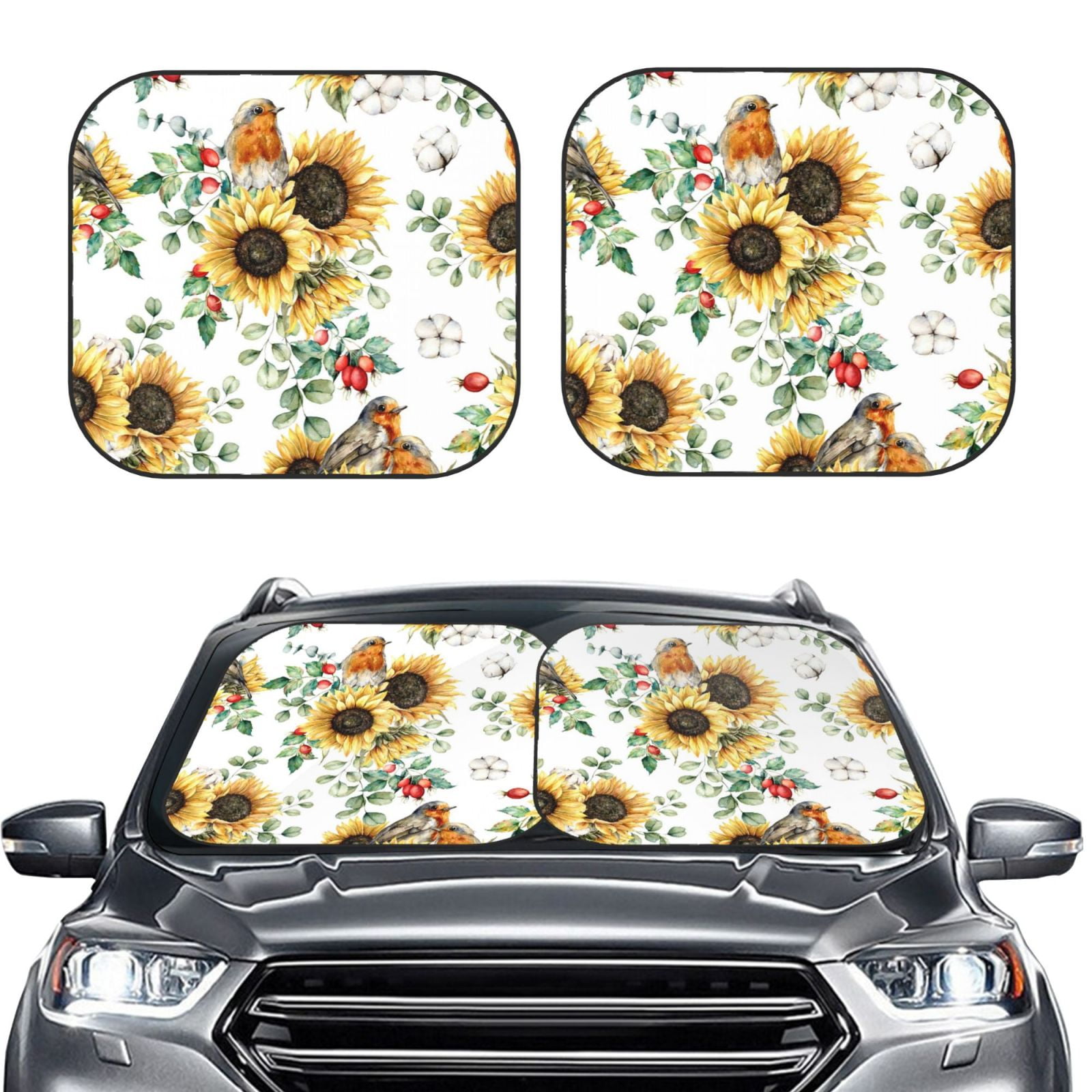 Bingfone Sunflowers Leaves And Birds Print 2-Piece Sun Shade Front ...