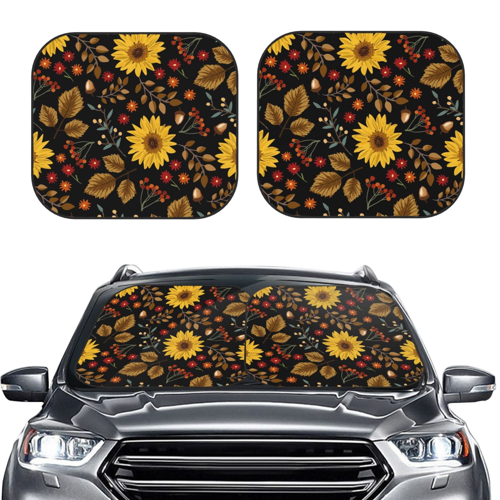 Bingfone Sunflowers Leaves Print 2-Piece Sun Shade Front Windshield ...