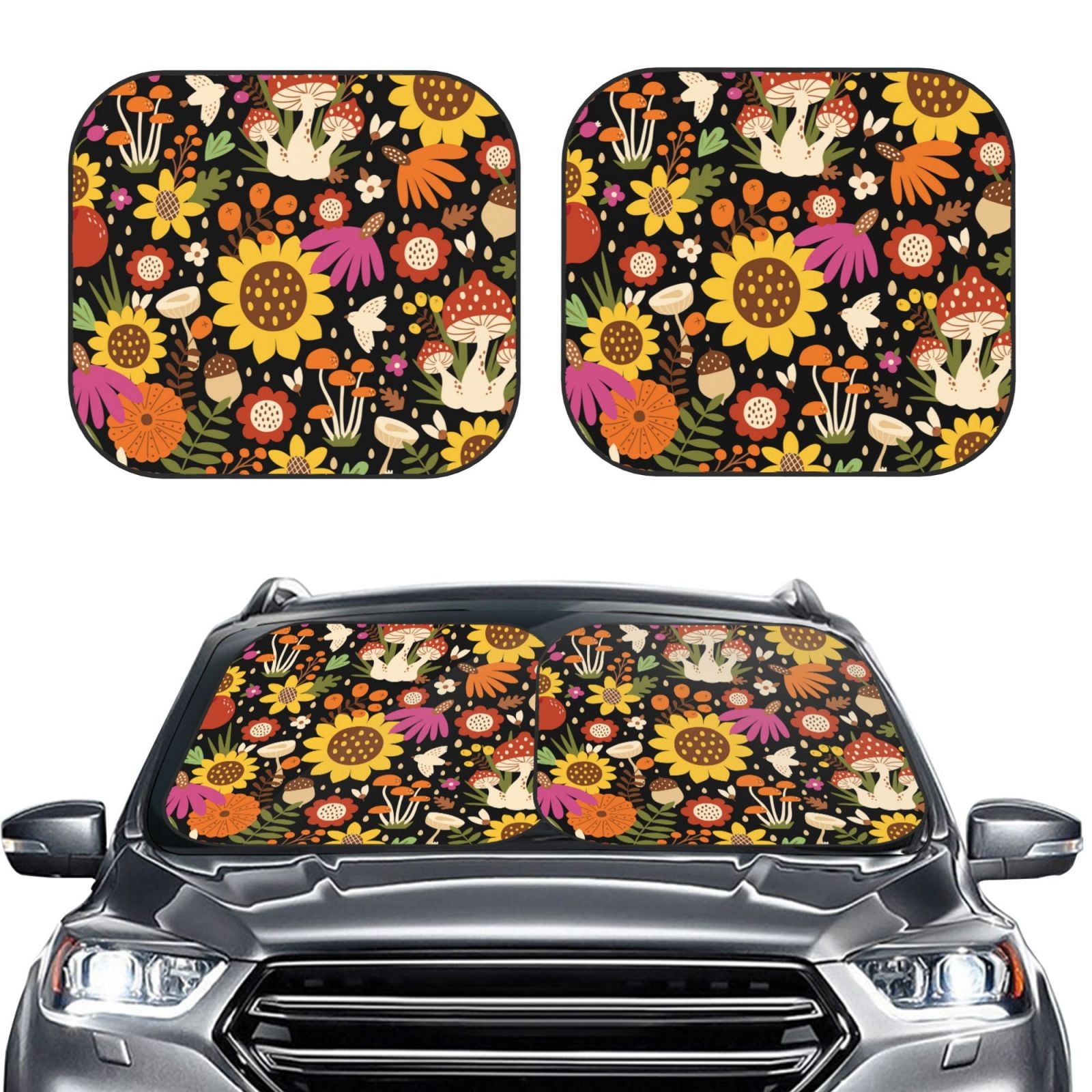 Bingfone Sunflowers Mushrooms Windshield Sun Shade 2-Piece Foldable Car ...