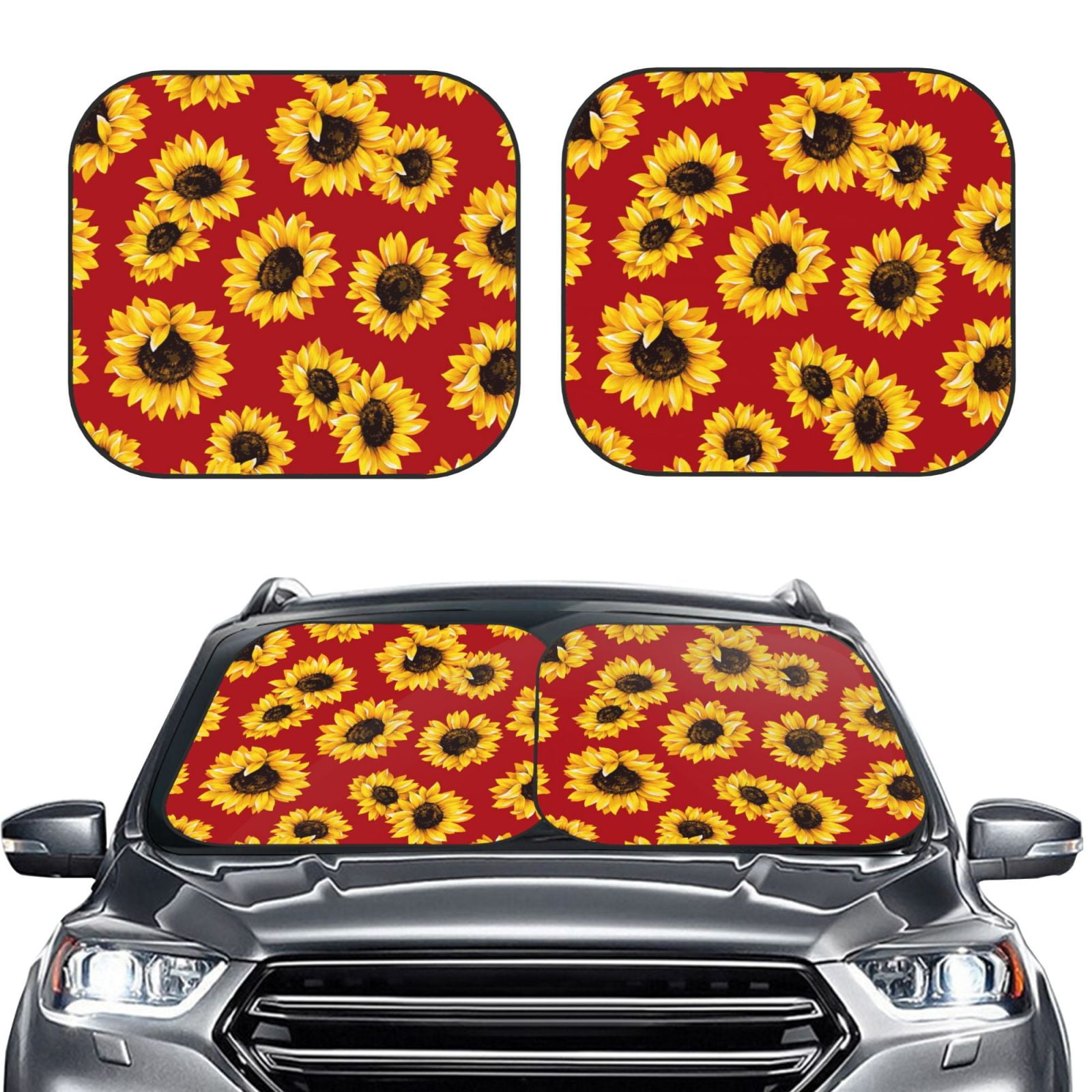 Bingfone Sunflowers On Red Print 2-Piece Sun Shade Front Windshield ...