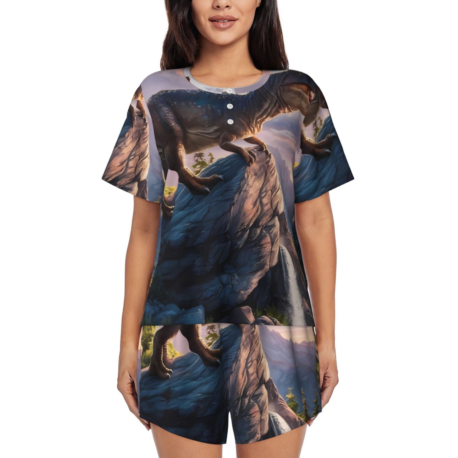 Bingfone Sunset Cliff Dinosaur Print Pajamas Sets for Women Soft Short ...