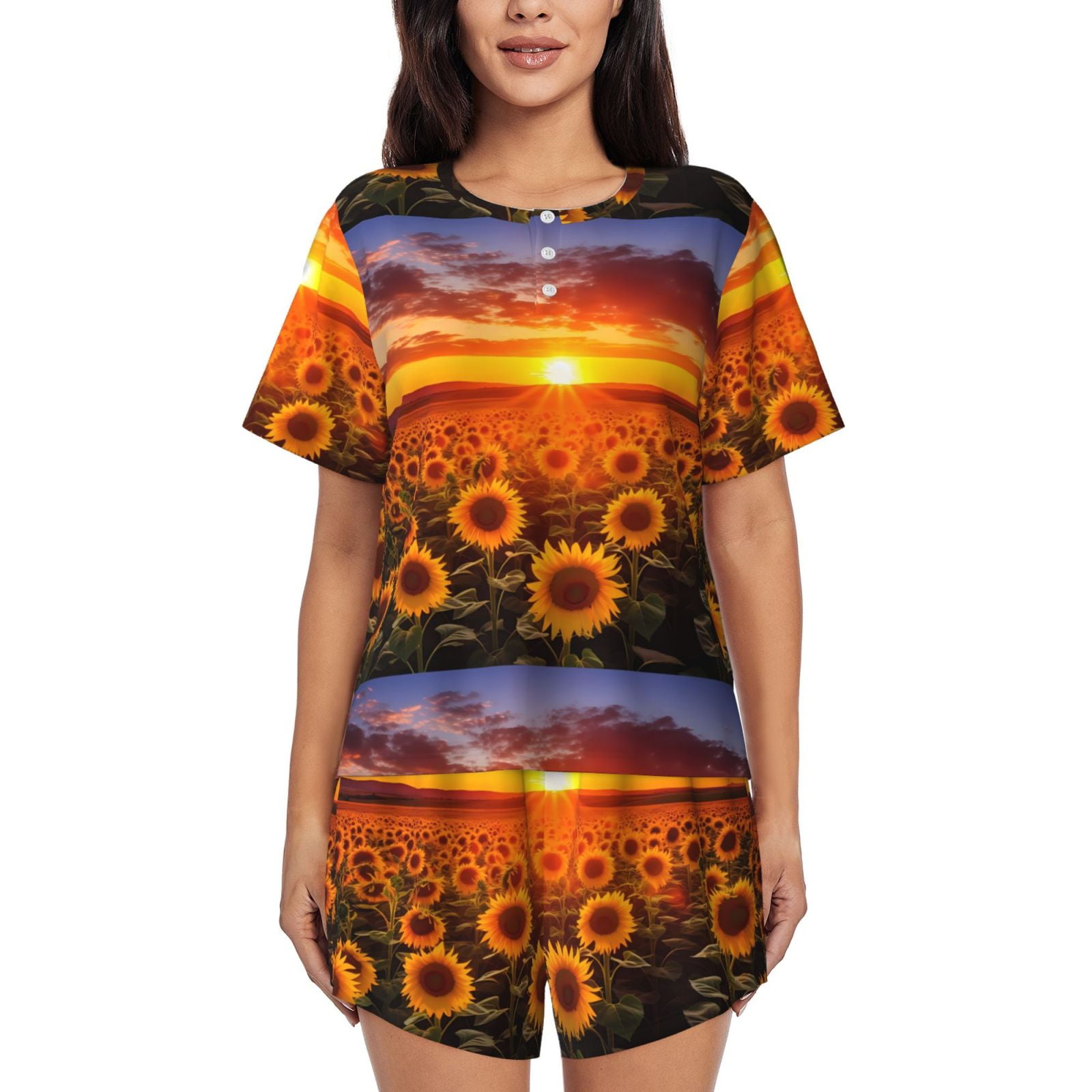 Bingfone Sunset Golden Sunflower Field Print Pajamas Sets for Women ...